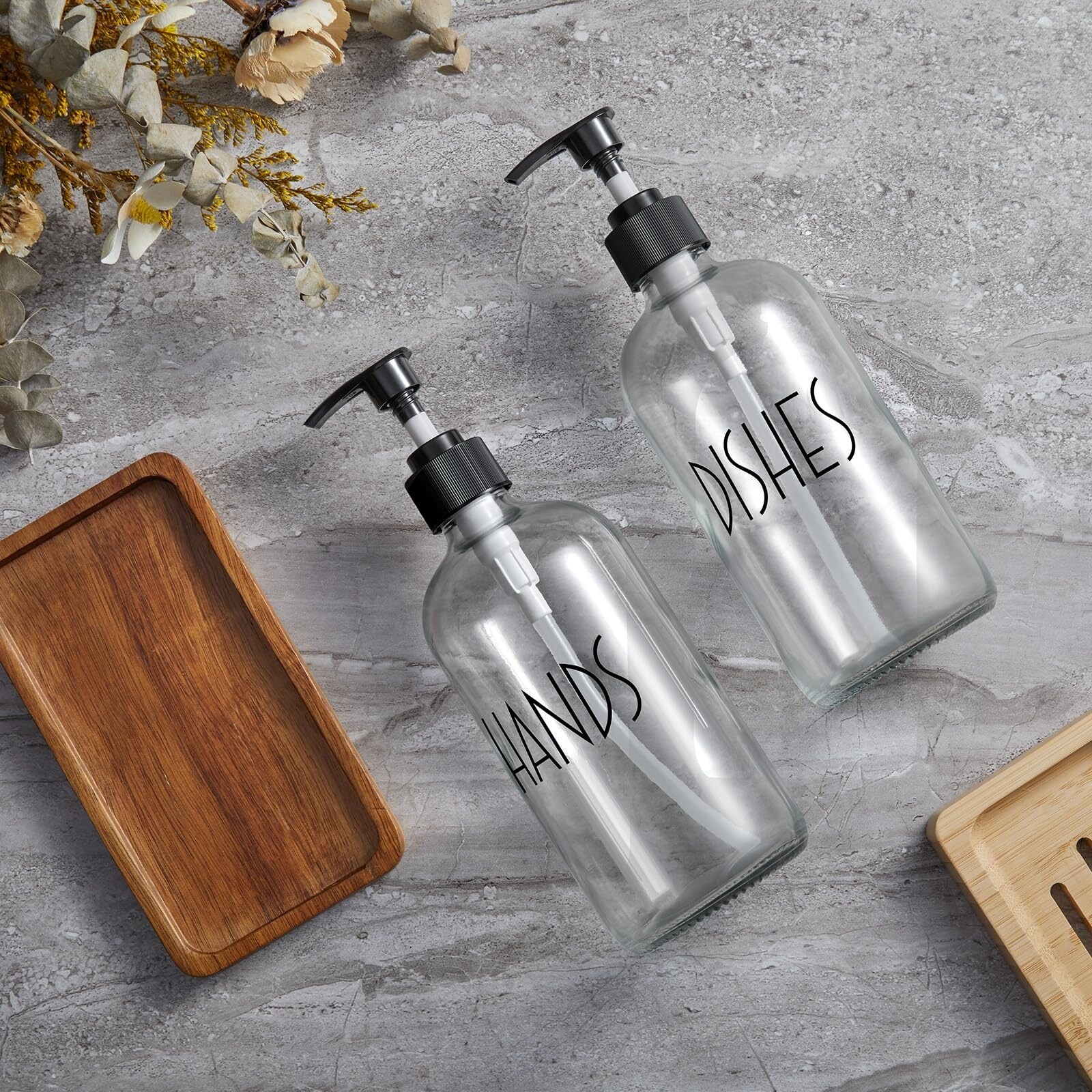 Phyfalip Glass Soap Dispenser Set 16 OZ Clear Bottle with Acacia Wood ...