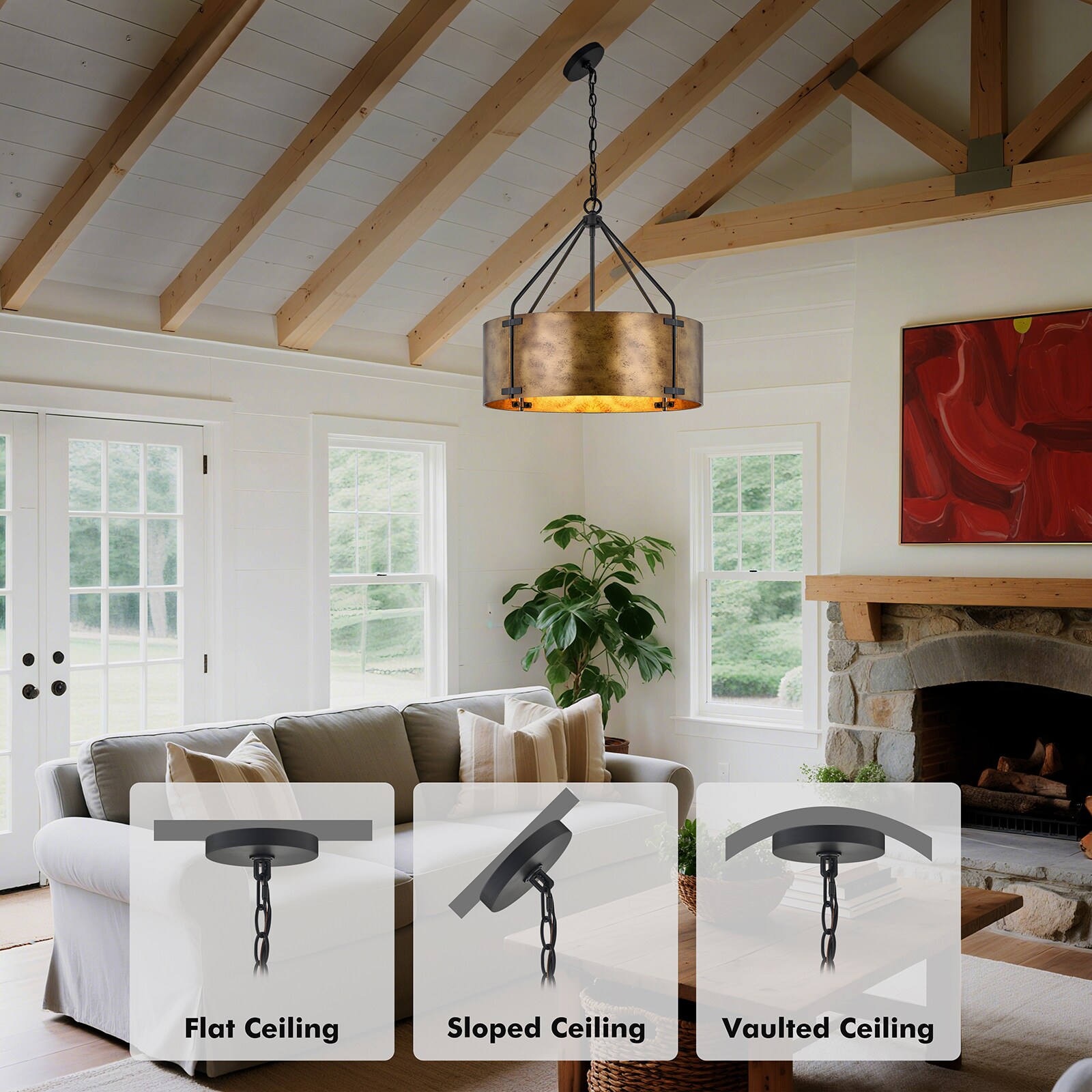 NatySwan Industrial Cage Ceiling Light 4 -Light Gold Plug-in/Hardwired ...