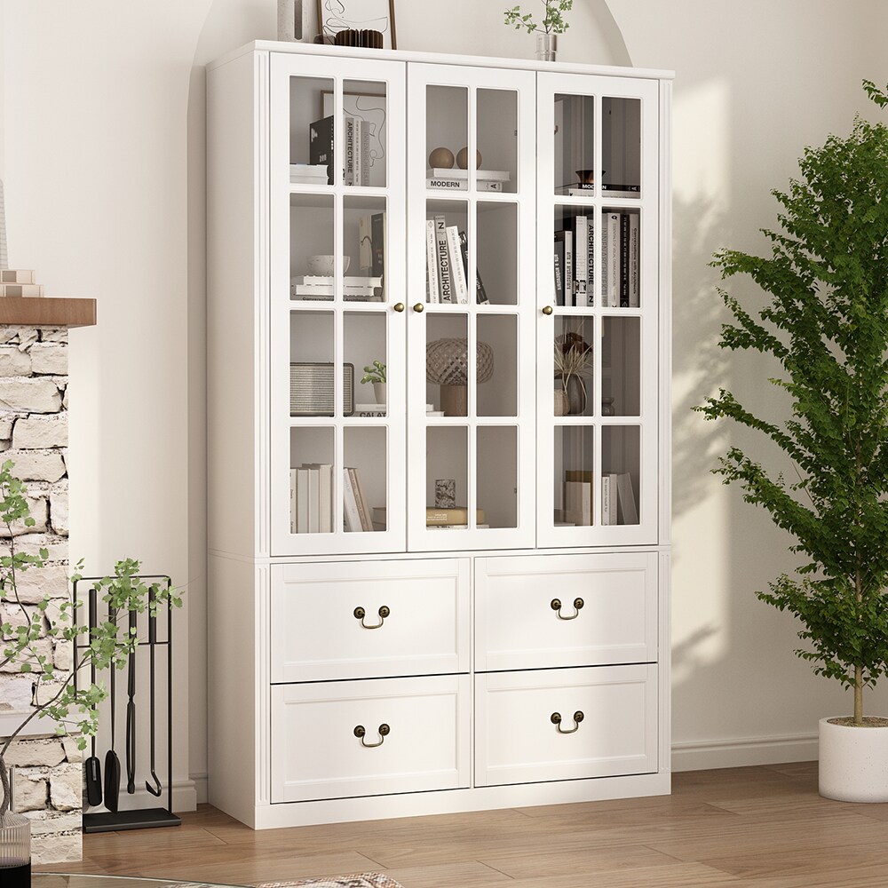 Homsee Modern Stylish Bookcase with Tempered Glass Doors Drawers ...