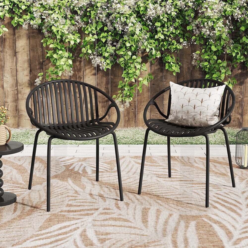 SunJet Stackable Patio Dining Chairs Set of 2 Black Metal Legs with ...
