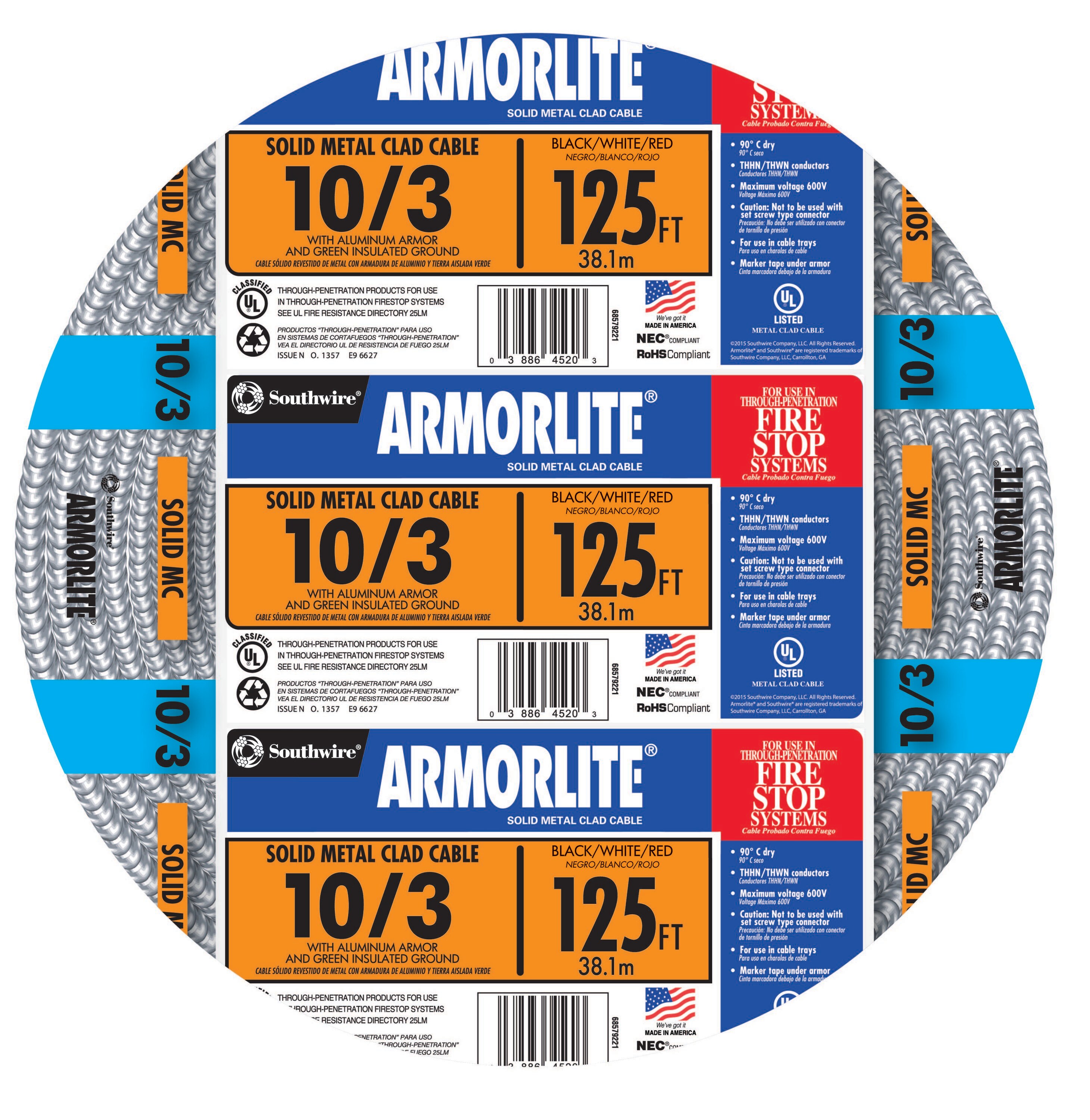 Southwire Armorlite 125-ft 10 / 3 Solid Aluminum MC (Metal Clad) Cable ...