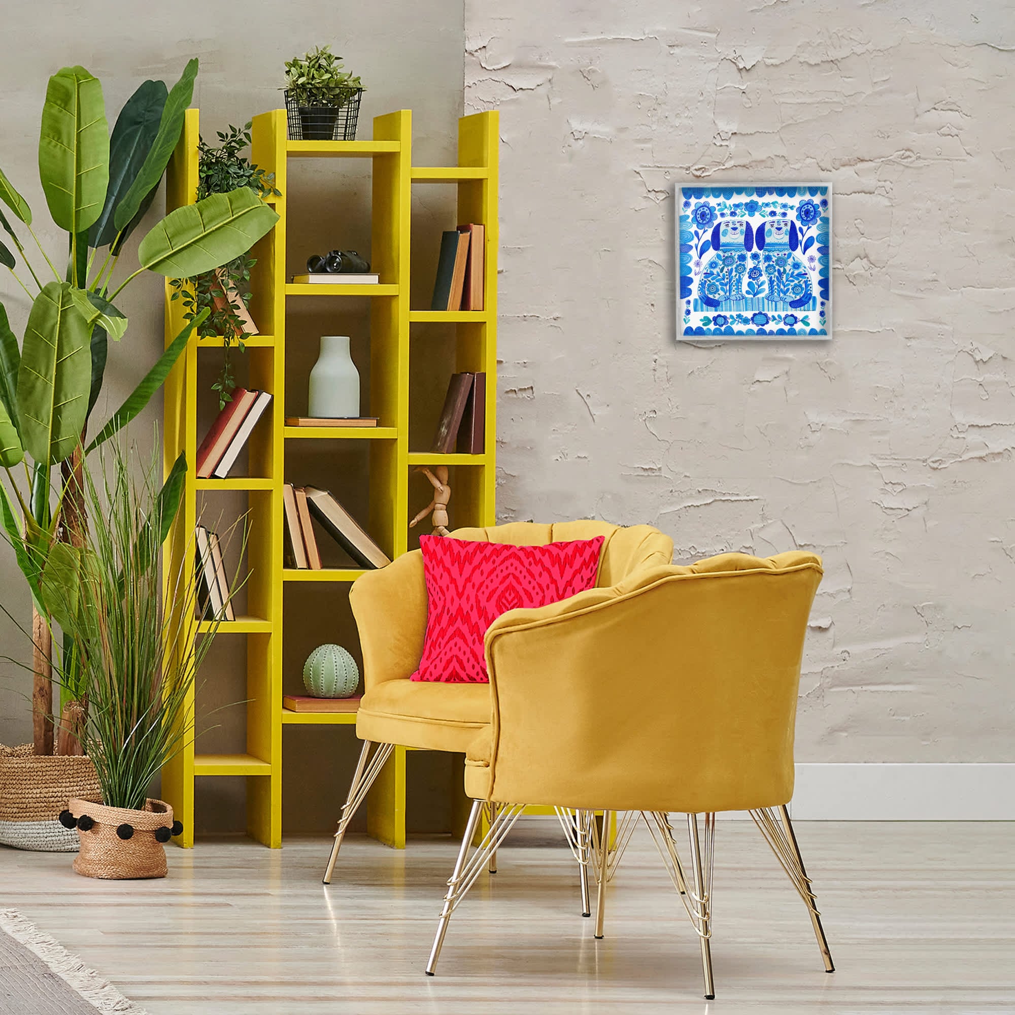 Stupell Industries Blue Folk Style Puppies Gray Framed Giclee Art By ...