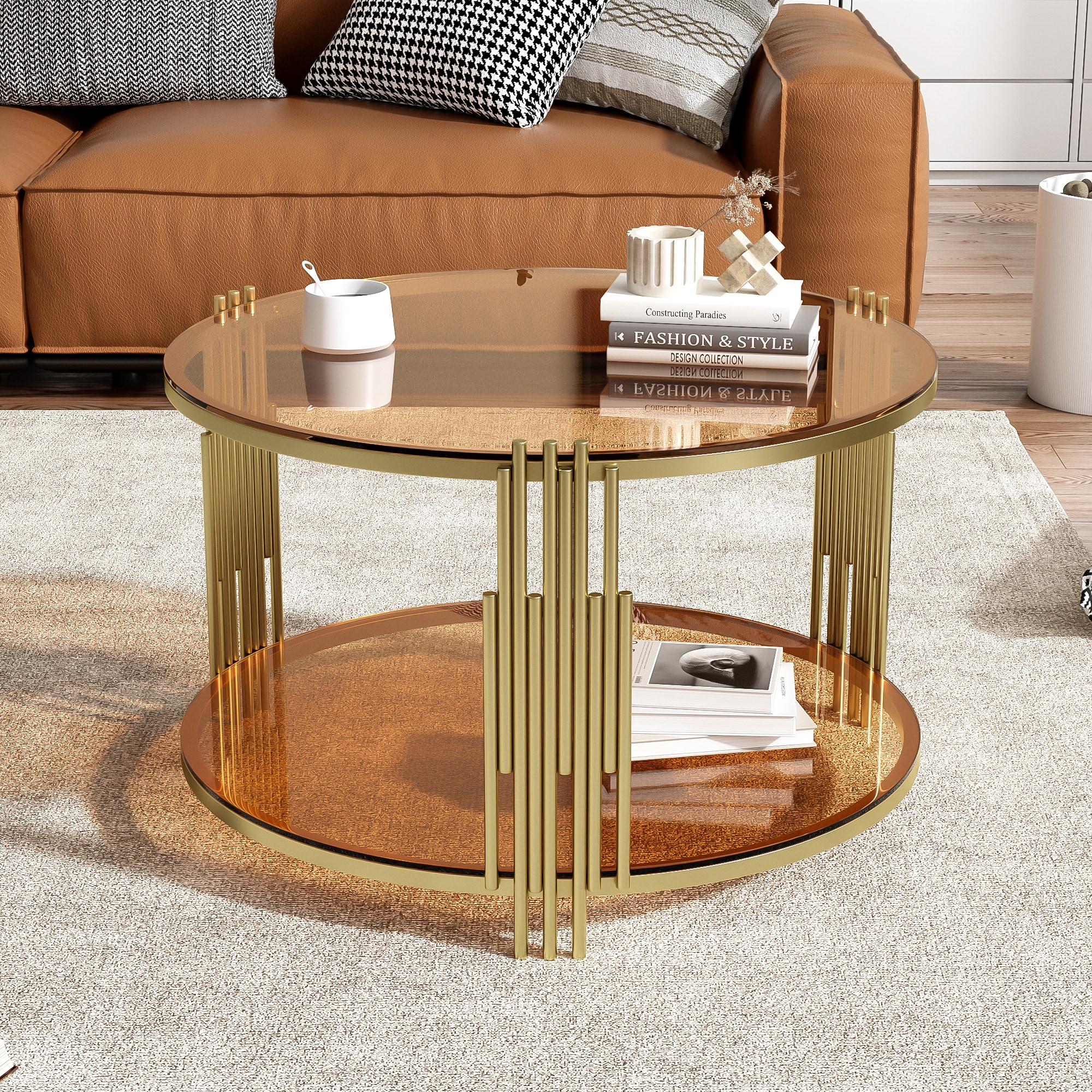 ModernLuxe Modern Brown Glass Coffee Table Asymmetrical Metal Circular ...
