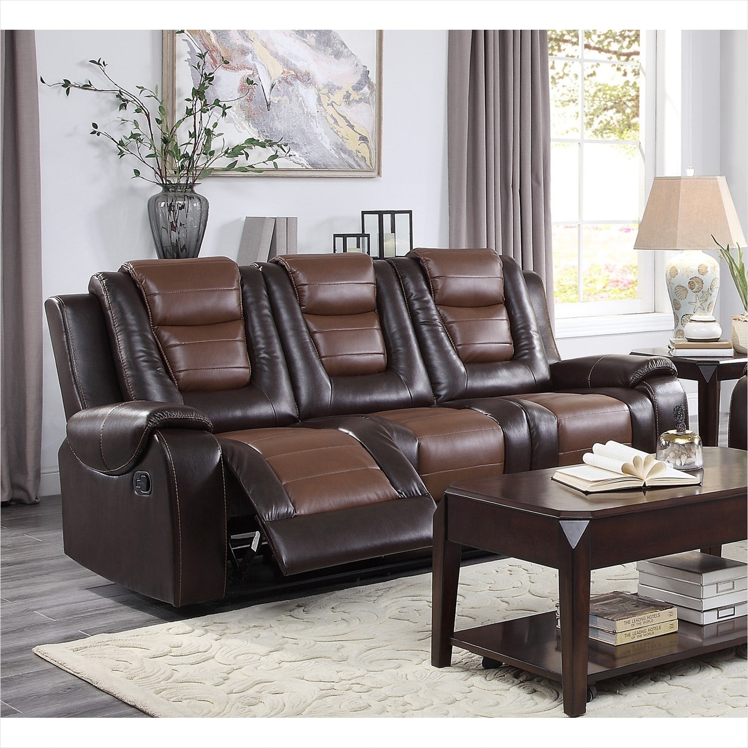 Watnature Two-Tone Brown Faux Leather Dual Reclining Sofa with Drop ...