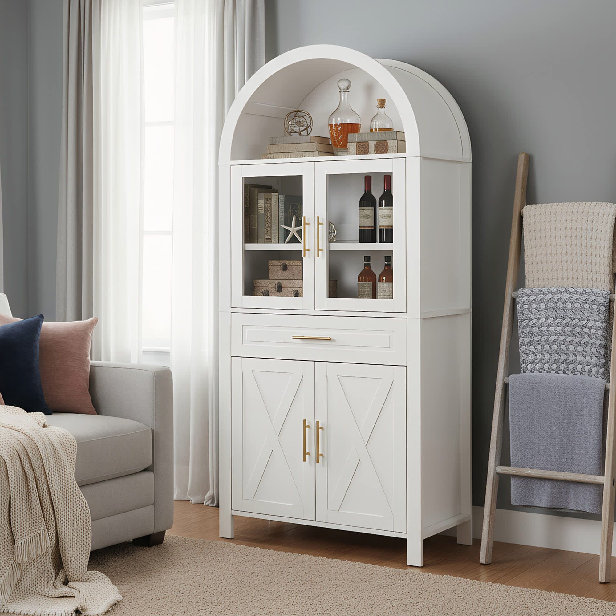 Vynxaria 71 Tall Arched Kitchen Pantry Cabinet Glass Barn Door ...