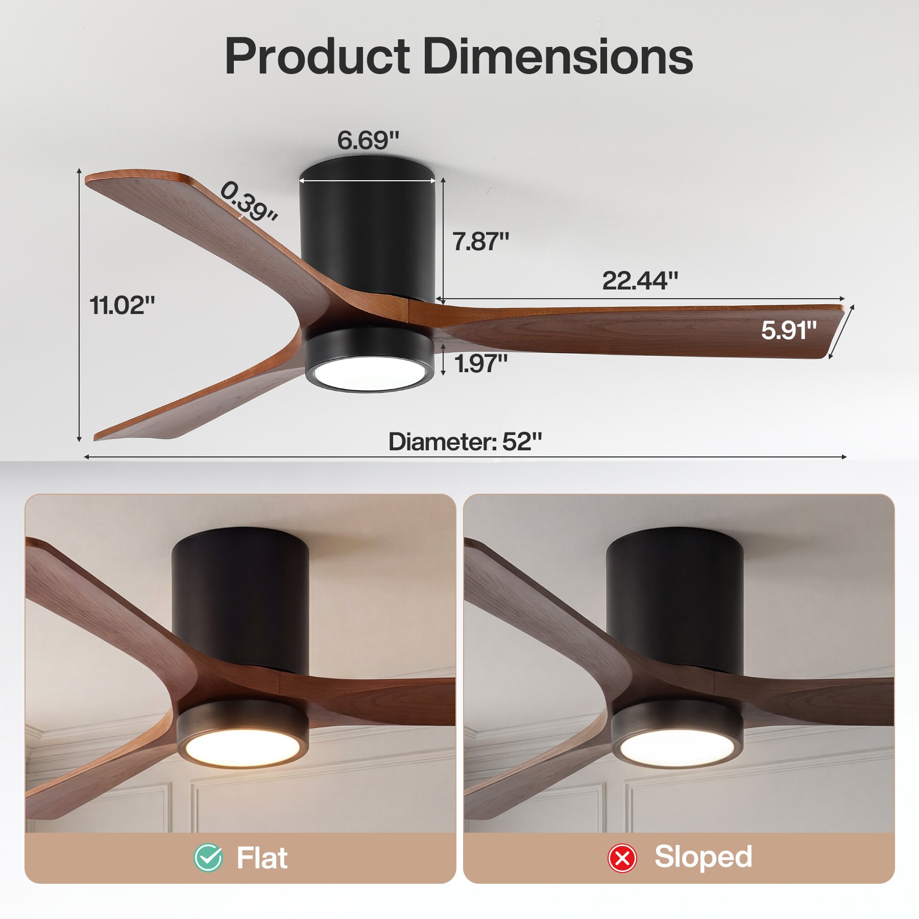 LITTLE TREE 52 inch LED Flush Mount Ceiling Fan with Light and Remote 3 ...