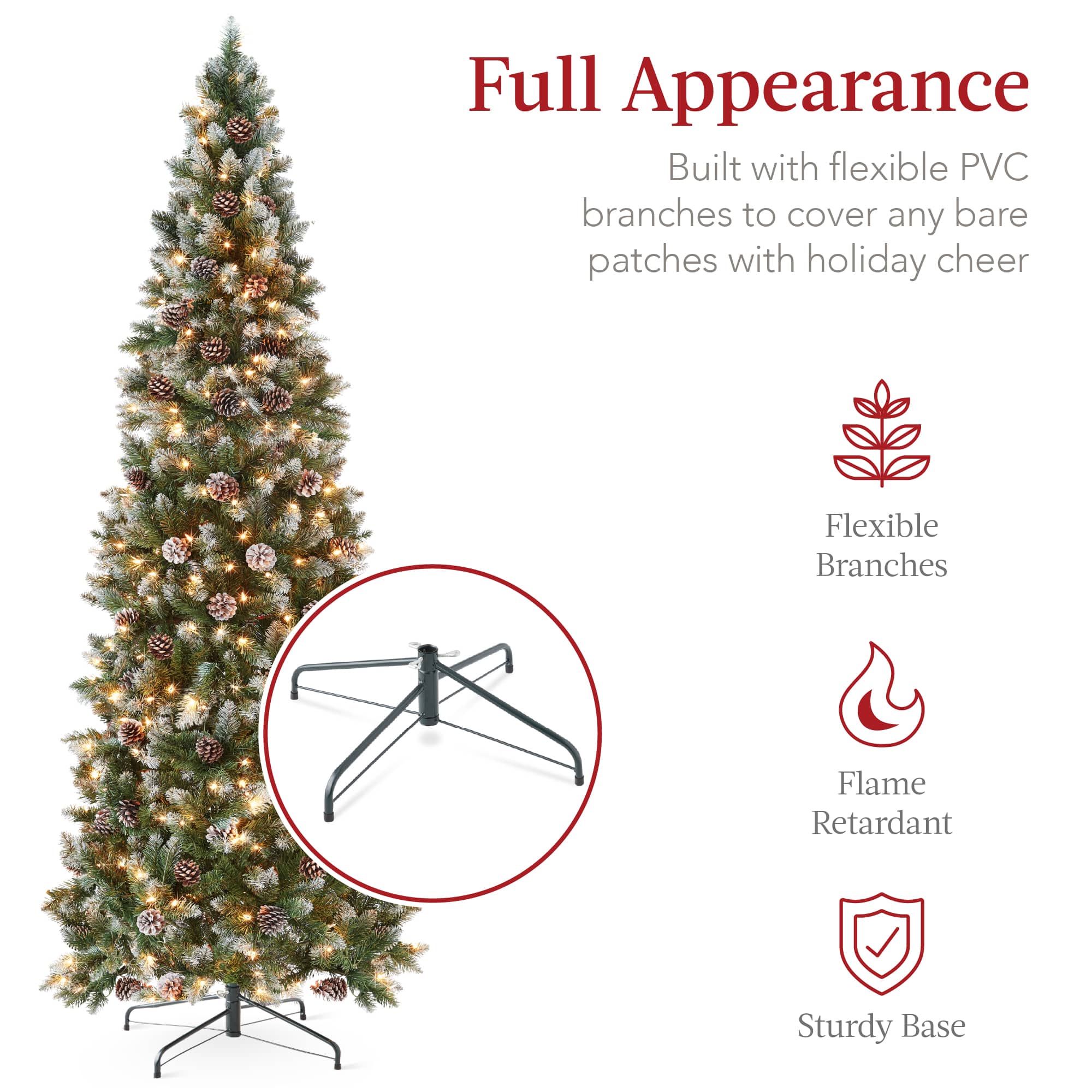 Best Choice Products 12ft Pre-Lit Partially Flocked Pencil Christmas Tree w/ 700 Lights Pine ...