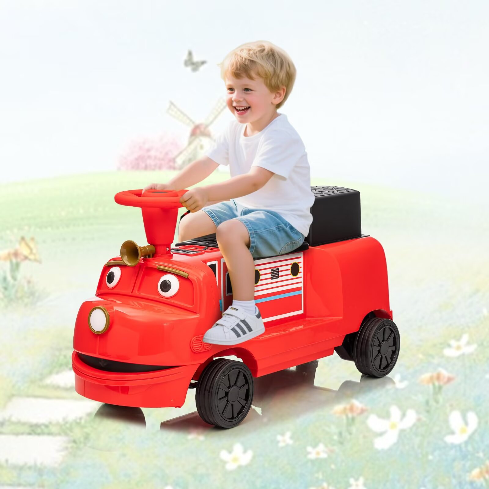 Garvee 12V 2Seater Kids Train Adjustable Seat Storage Music 2Speed ...