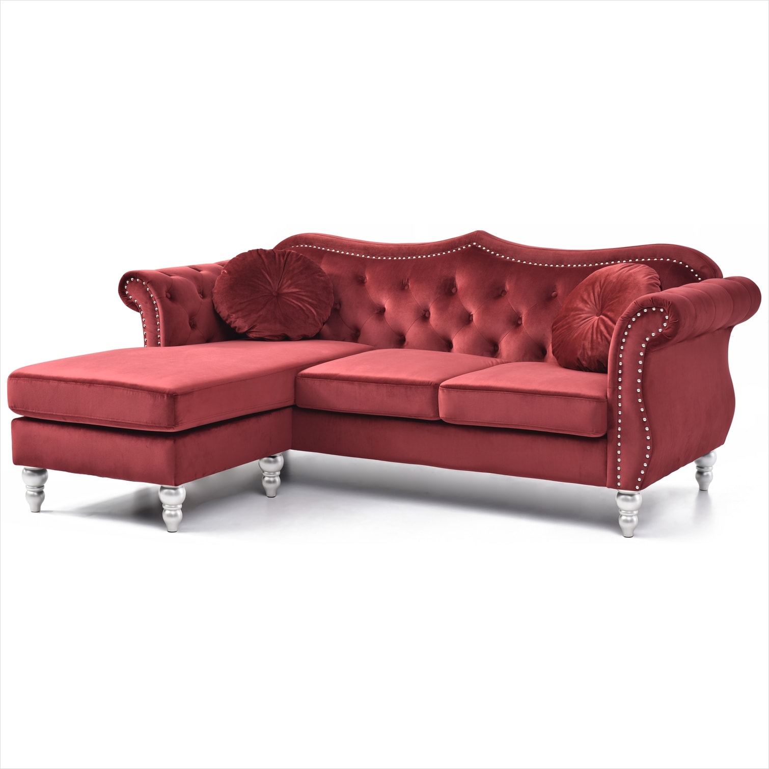 Watnature Red-toned velvet 3-seater L-shaped sectional with tufted back ...