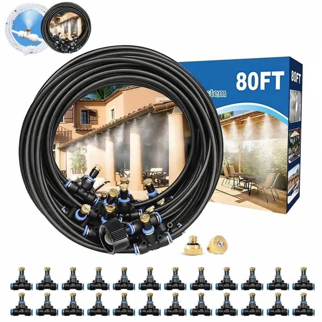 Aoibox 80FT Misting System Kit 24 Brass Nozzle T Joints Outdoor Water ...