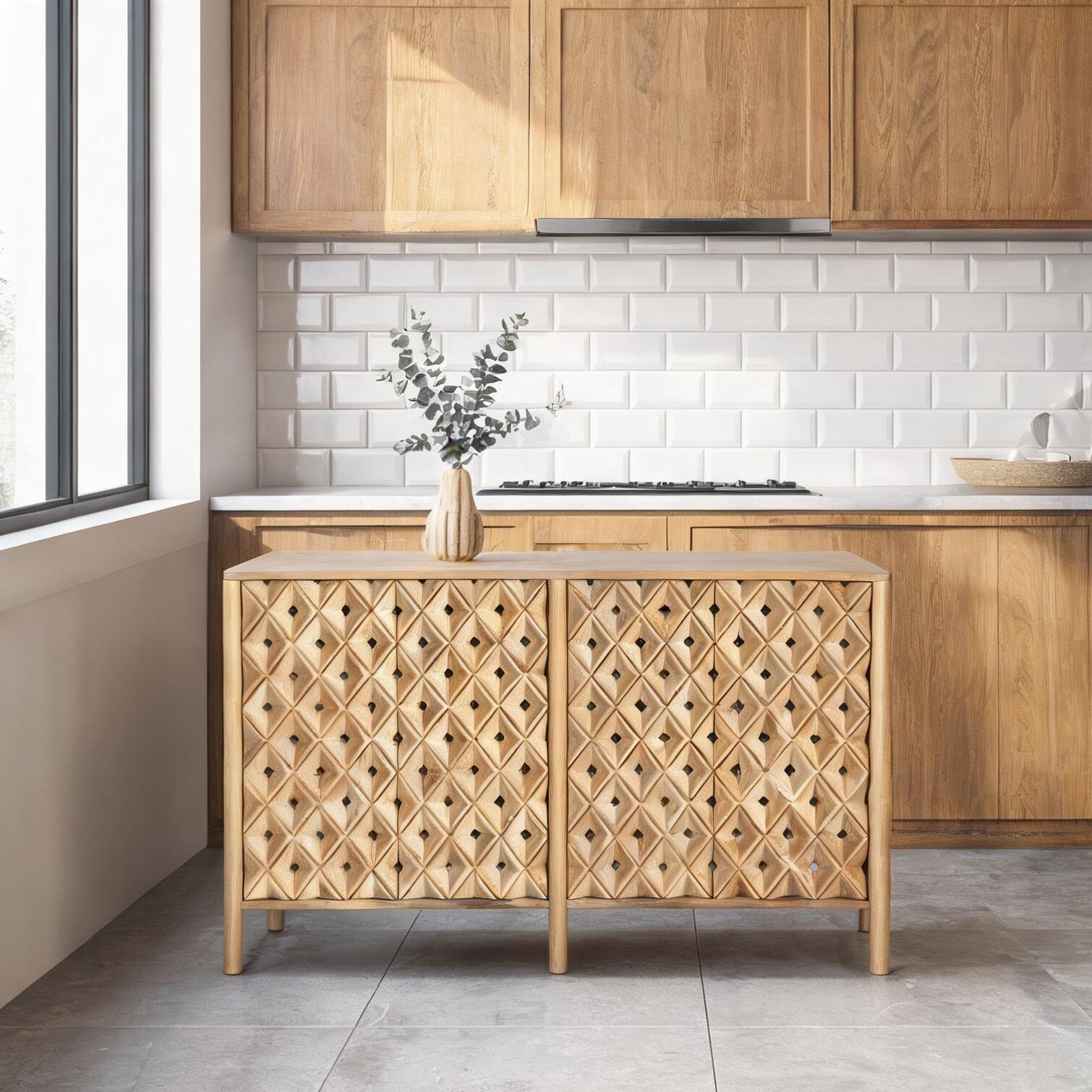 Watnature Sideboard with Geometric Carved Front Natural Wood Tone Push ...