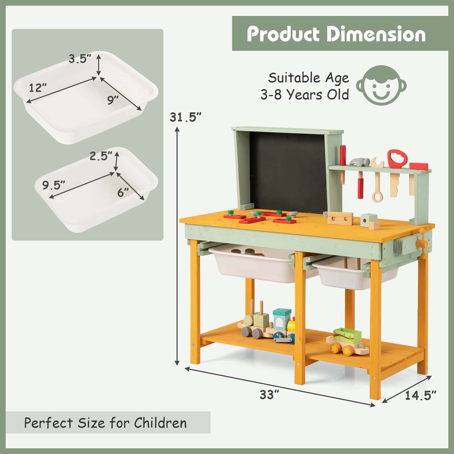 Costway Kids Wooden Toy Workbench with Storage Space and Blackboard ...