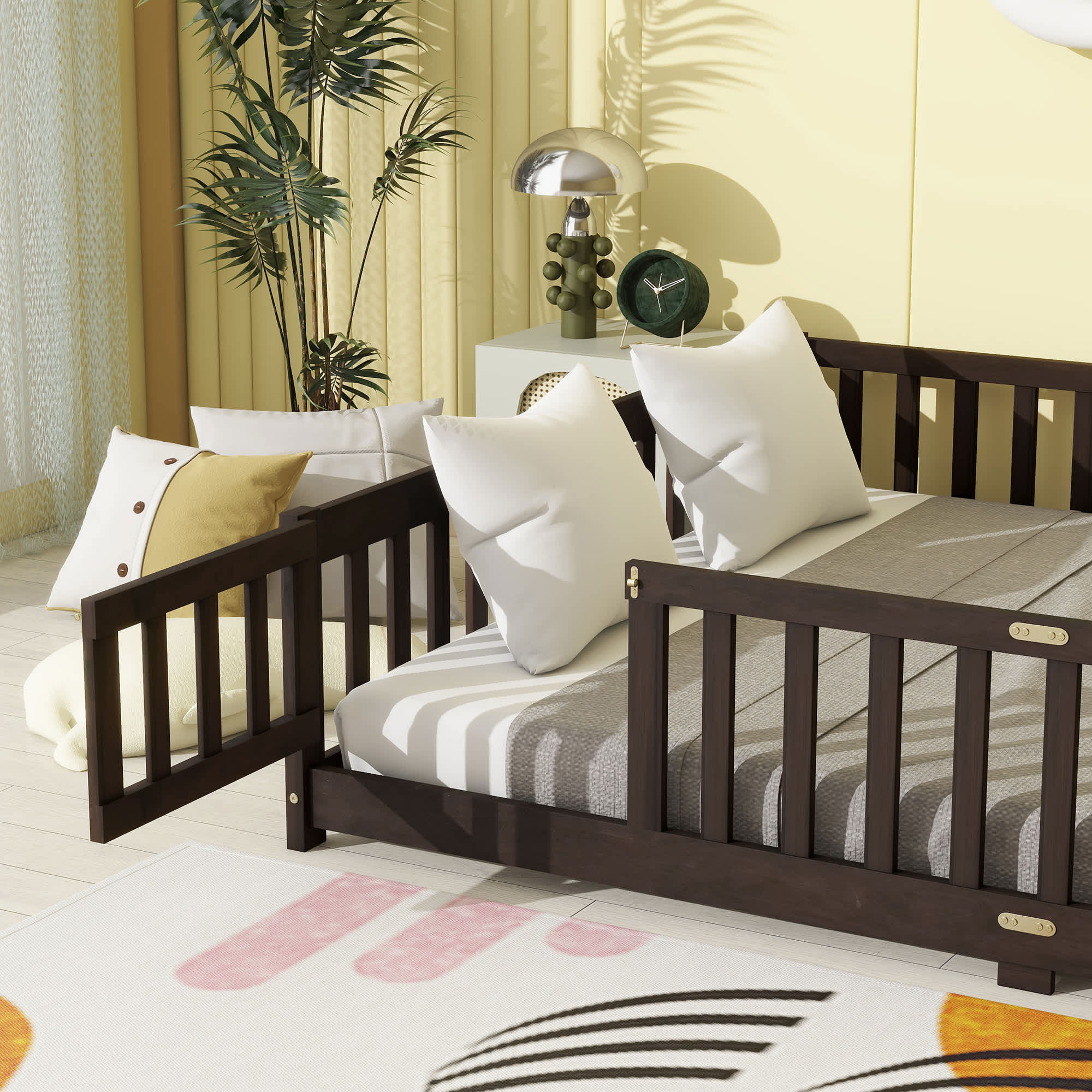 Vynxaria Espresso Rubber Wood Frame Queen Platform Bed with Fence Door ...