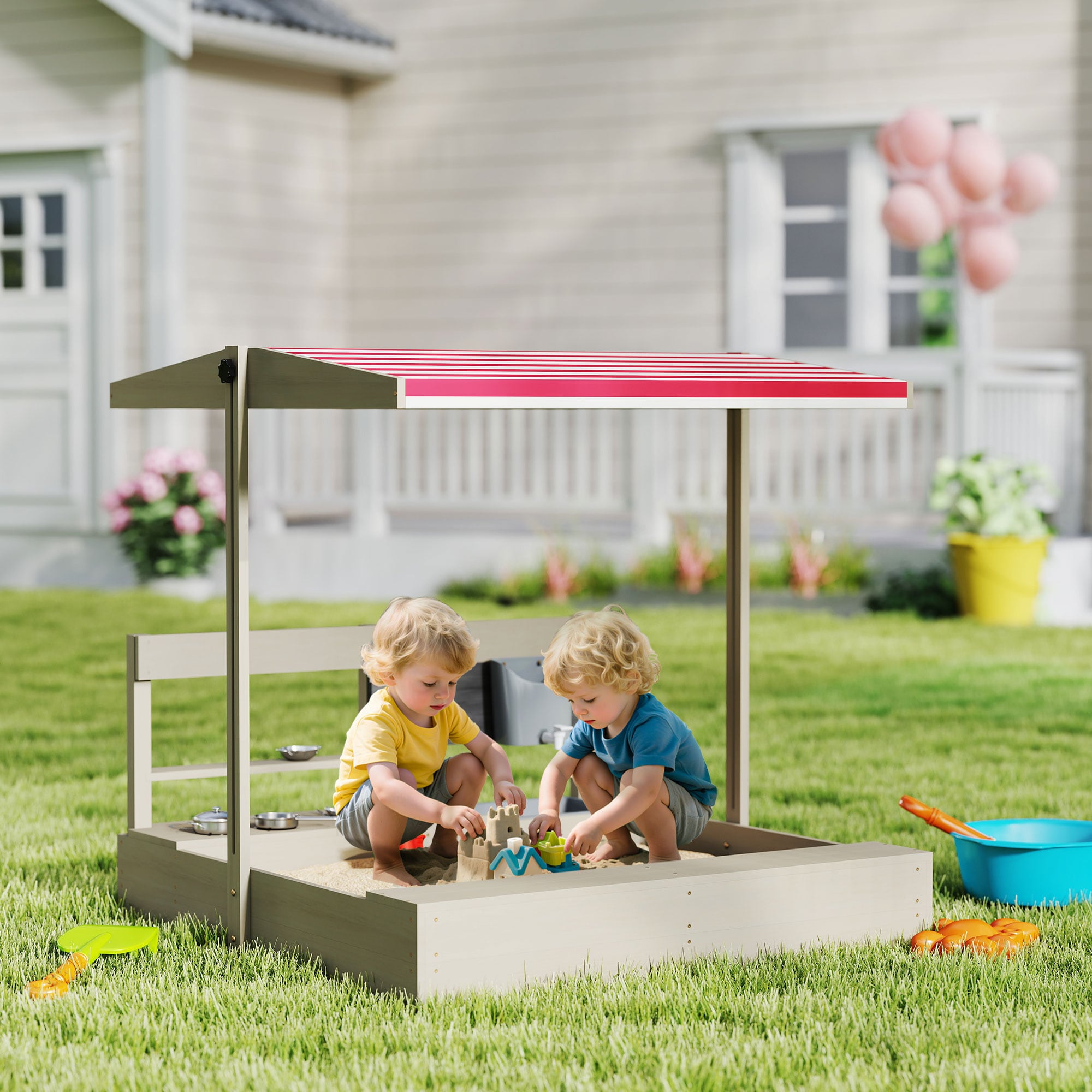 Outsunny Kids Sandbox with Canopy Adjustable Wooden Sandbox Backyard ...