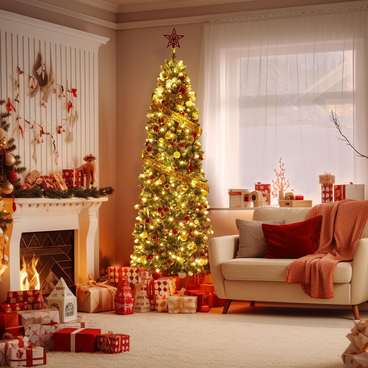 Der Rose 6FT Prelit Pencil Christmas Tree with Warm White Party ...
