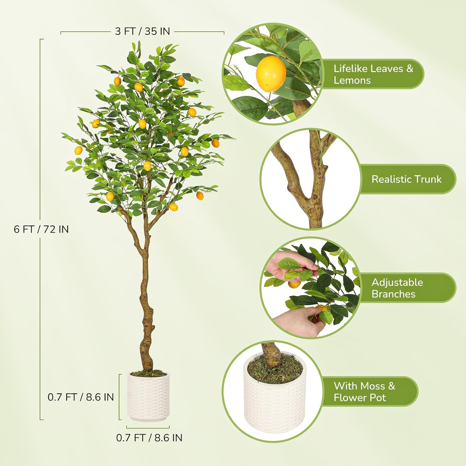 Qeetex 6FT Artificial Lemon Tree Indoor Pre Potted Faux Lemon Tree with ...