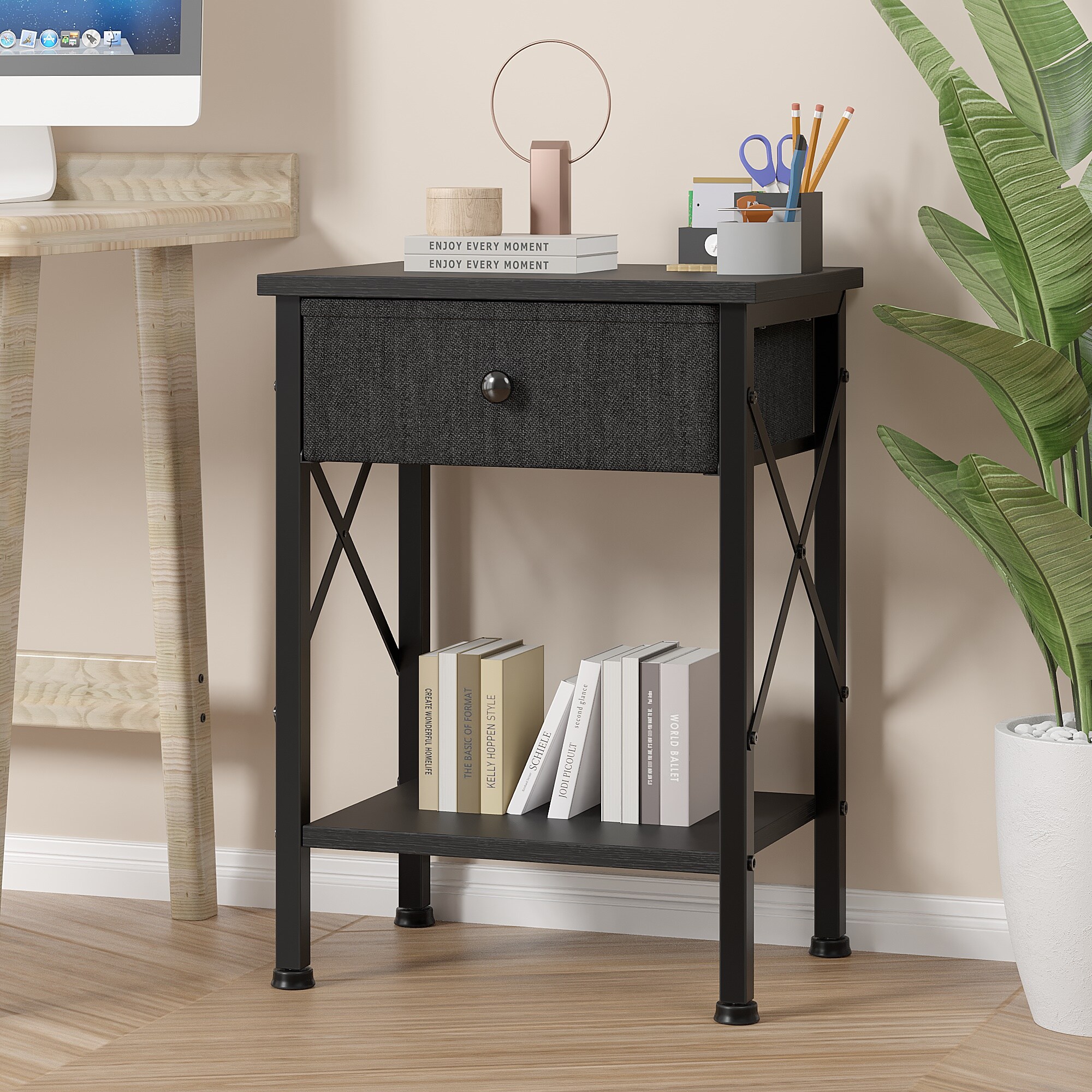 Vecelo End Table with Storage Shelf and Fabric Drawer Organizer Sofa ...