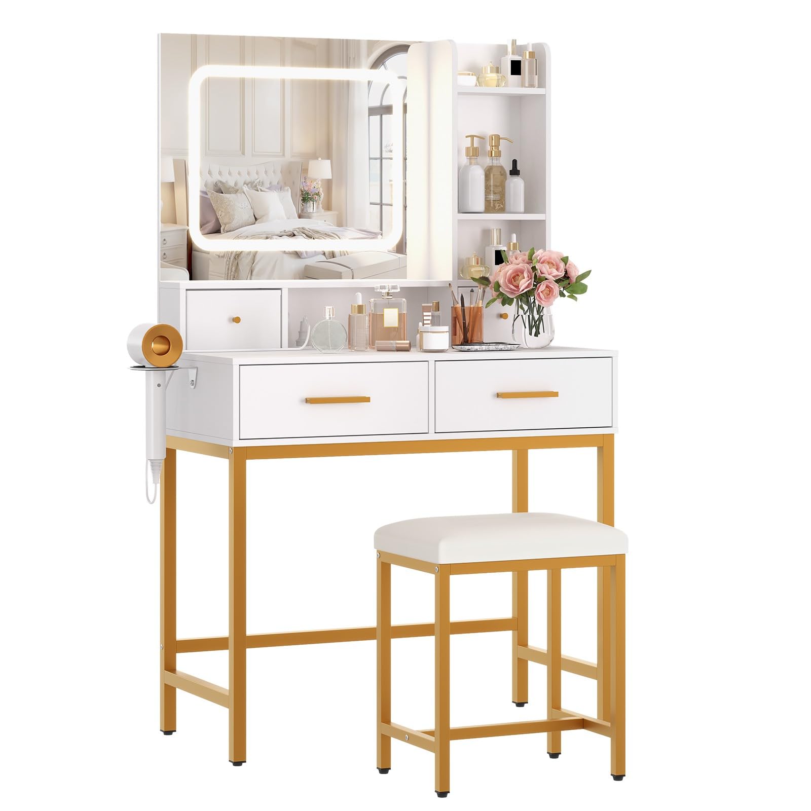 Garvee Vanity Table With LED Mirror And Electrical Outlets Three Color ...
