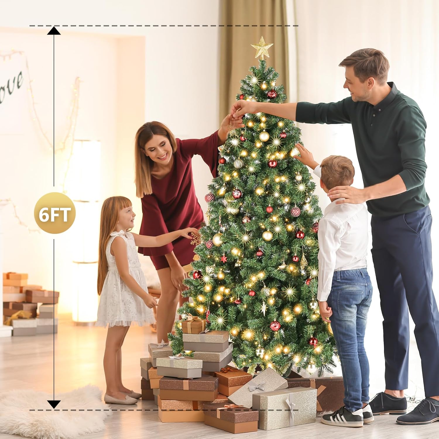 VINGLI 6ft Pre lit Artificial Christmas Pine Tree with 250 Warm White ...