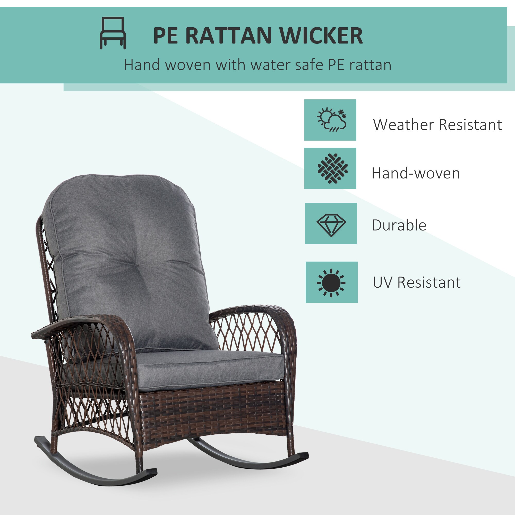Siavonce Rattan Brown Steel Frame Rocking Chair with Woven Seat in the ...