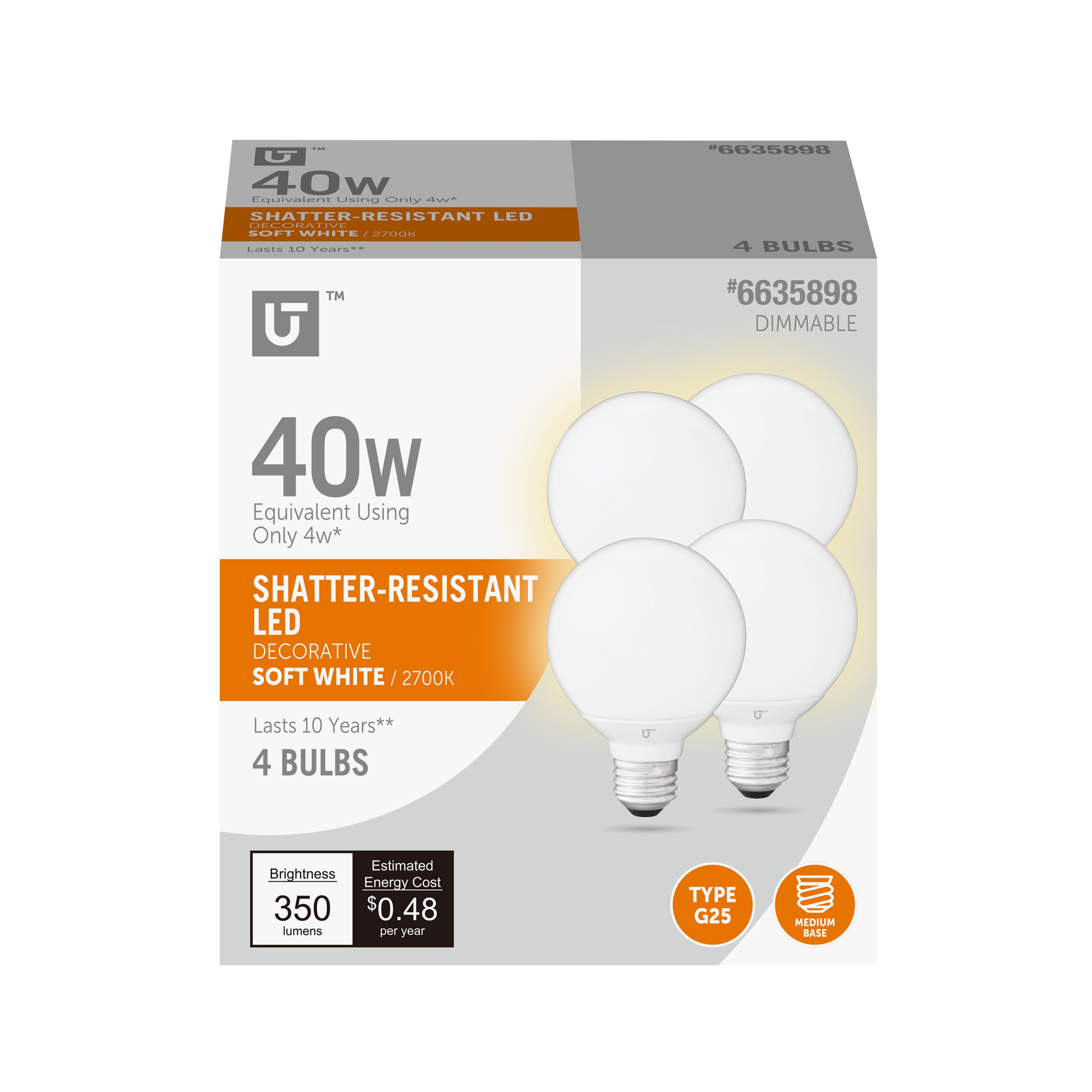Utilitech Led light bulb 40 -Watt EQ G25 Soft white Medium screw base ...