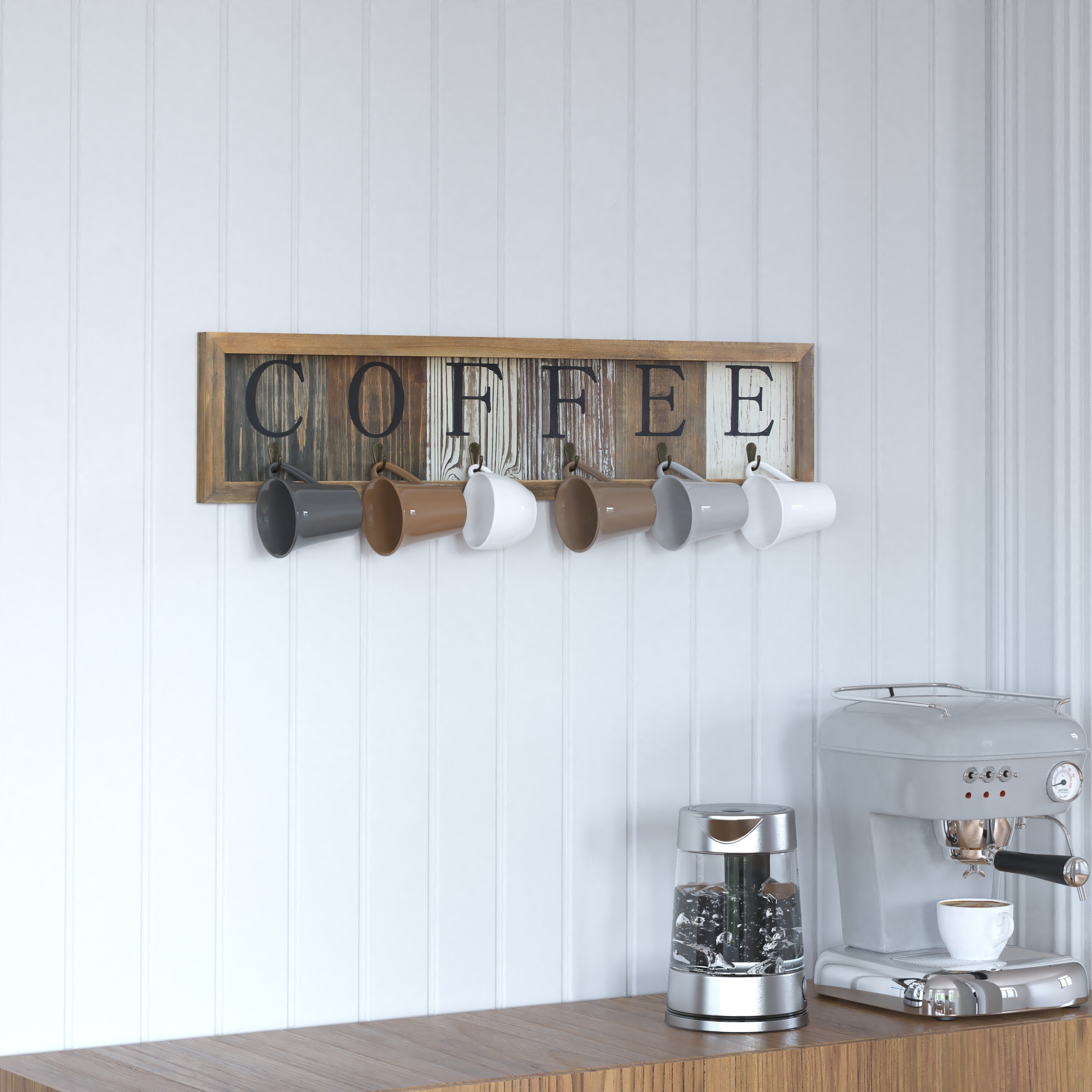 Merrick Lane Pheltz Wooden Wall Mount 6 Cup Distressed Wood Grain ...