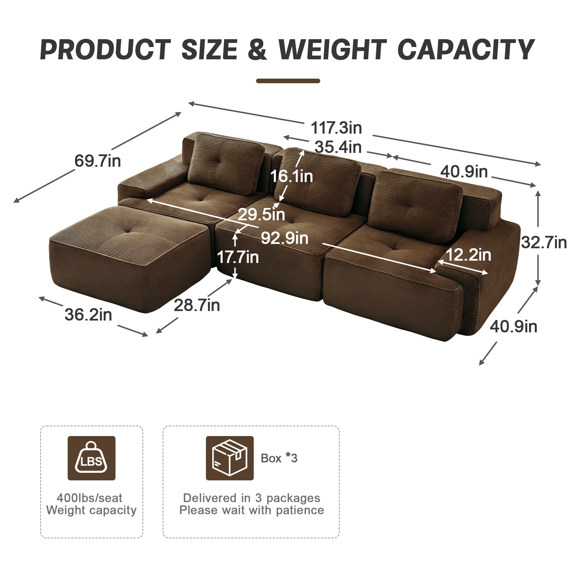 Homy Casa 117.3-in Mocha Brown 3-Seat Modern Sectional Sofa with Plush ...