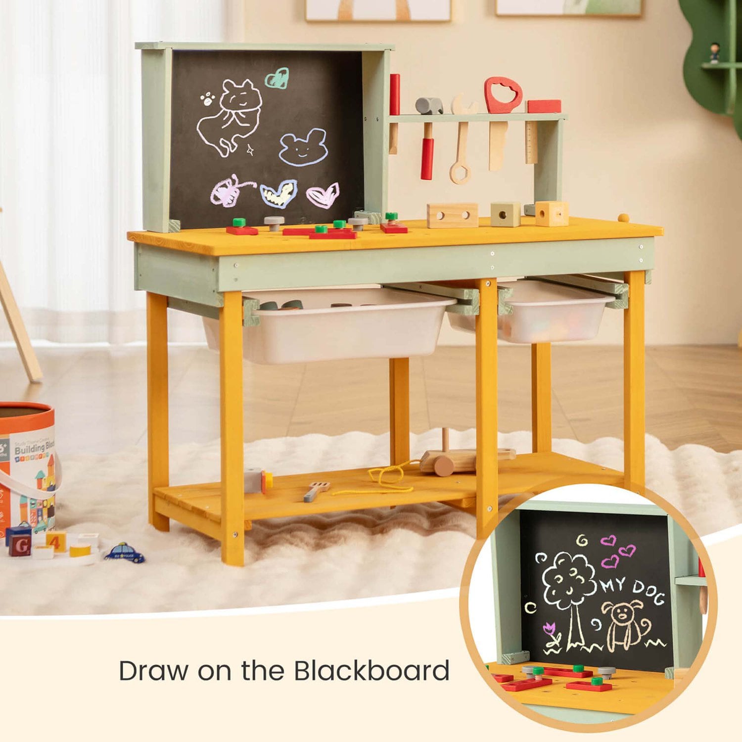 Costway Kids Wooden Toy Workbench with Storage Space and Blackboard ...