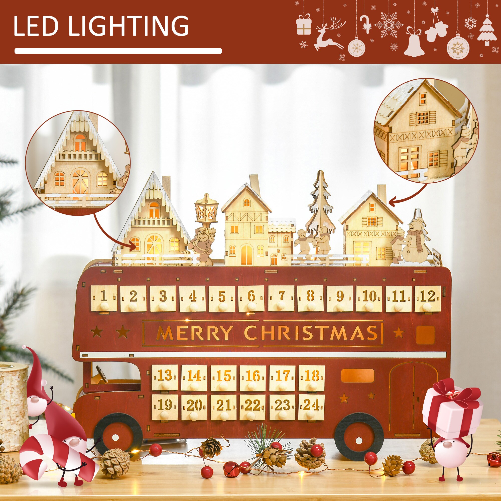 LUXEYARD HOMCOM Light Up Wooden Bus Christmas Advent Calendar Countdown ...