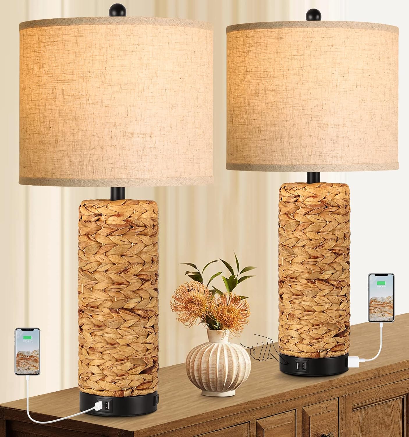 JUSHUA Tall Farmhouse Rustic Table Lamps Set of 2 for Living Room 3 ...