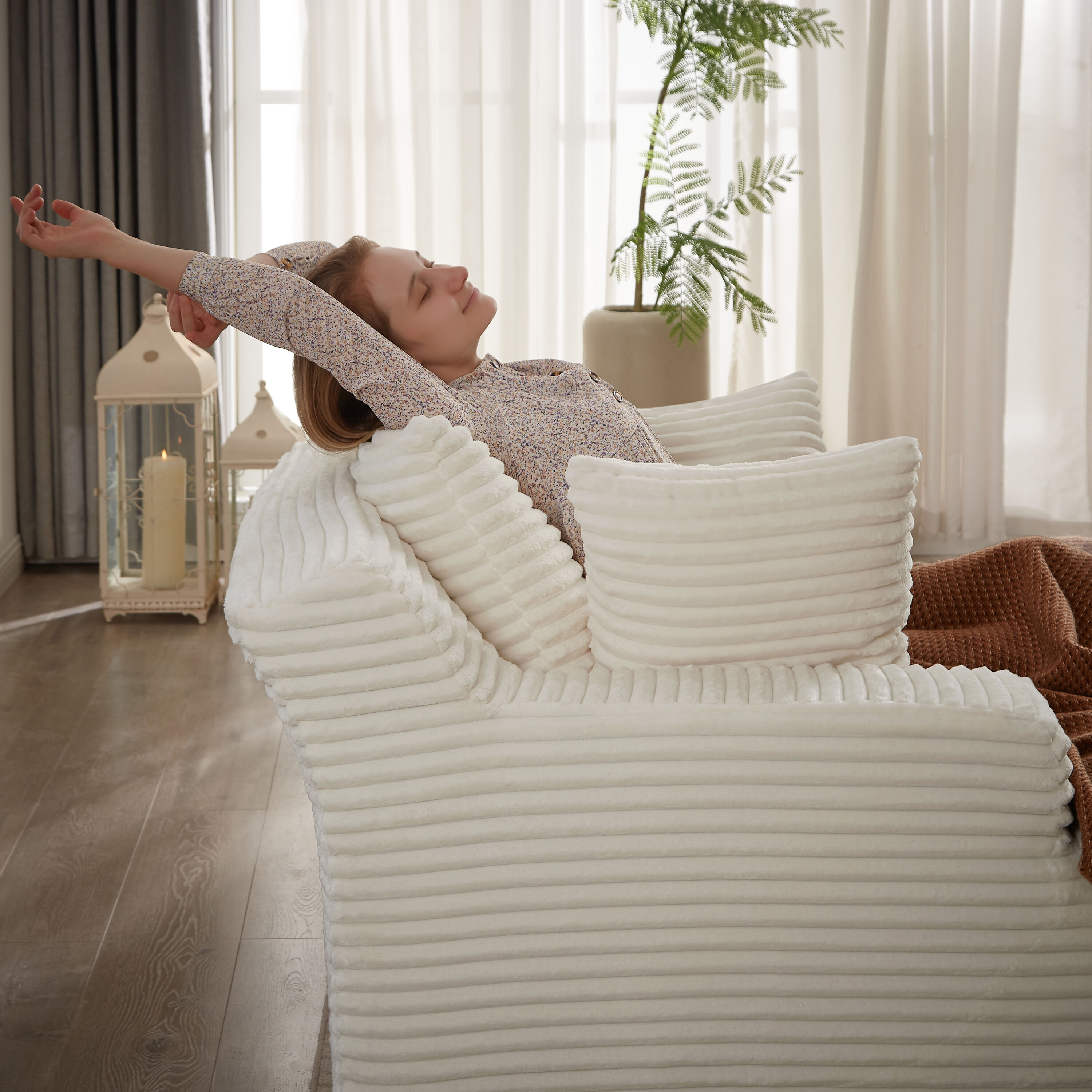 LOVMOR Oversized Sleeper Sofa Corduroy White Couch with Chaise for ...
