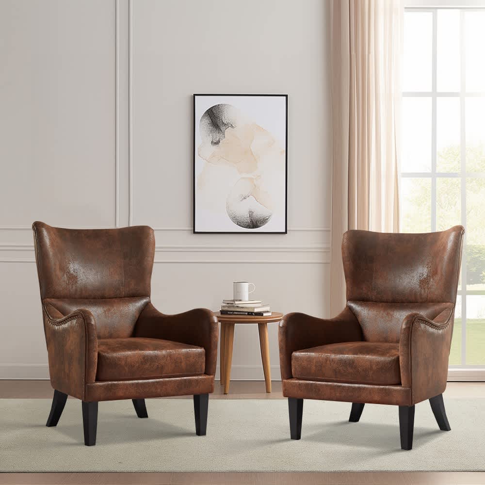 Coolbibila Brown Set of 2 High Back Studded Wingback Accent Chair ...