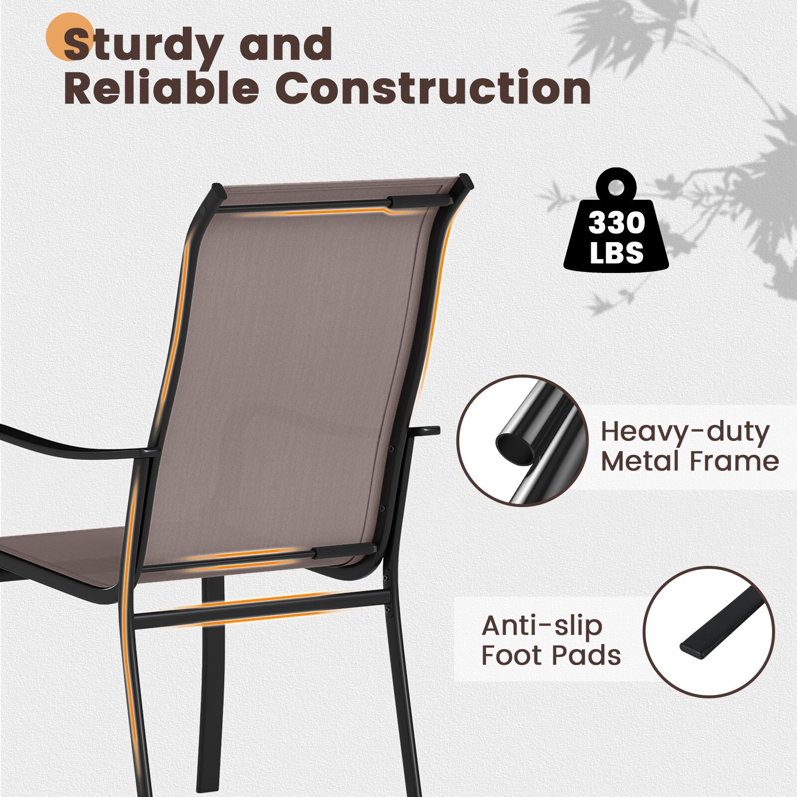 Volenca Set of 2 Steel Patio Dining Chairs with Brown Mesh Fabric and ...