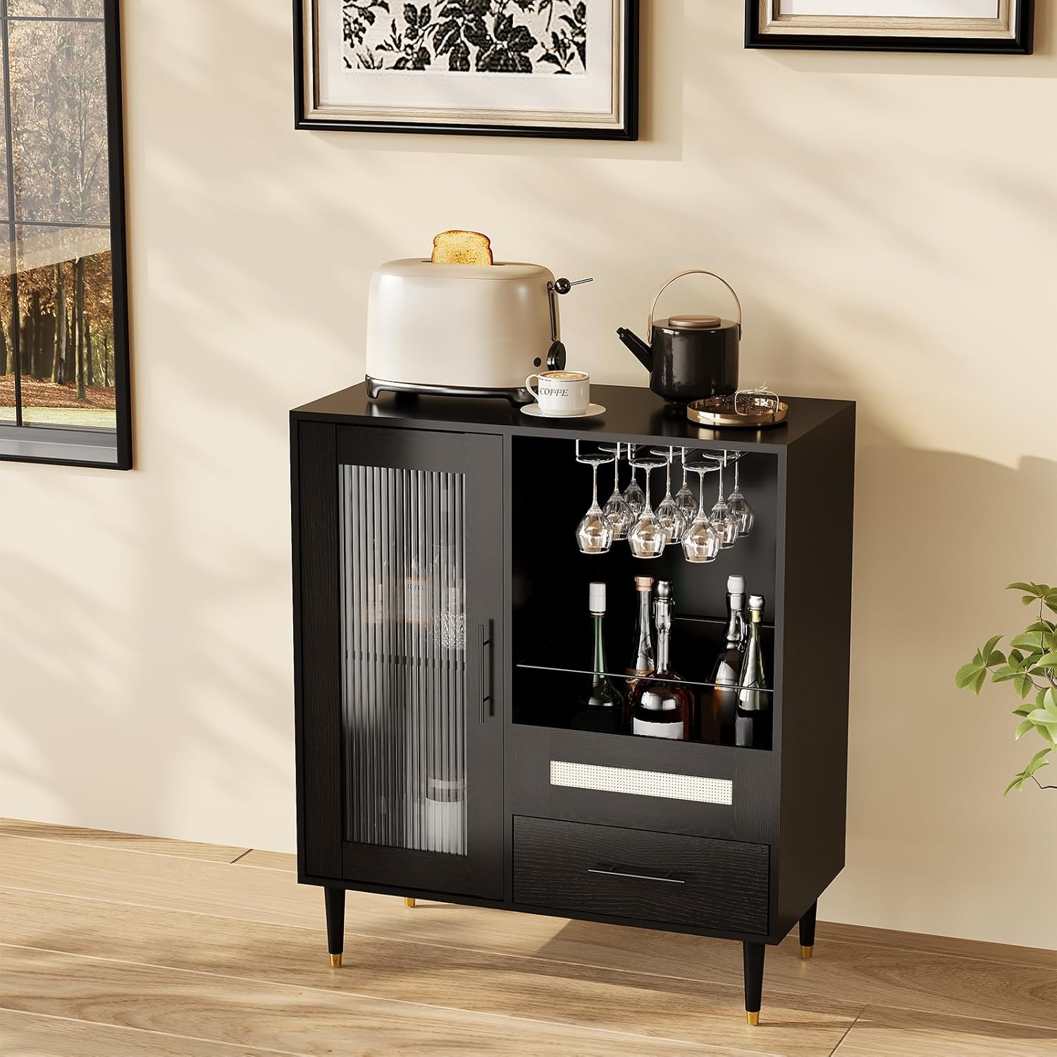 Garvee Modern Wine Bar Cabinet with Wine Glass Rack Glass Door Display ...