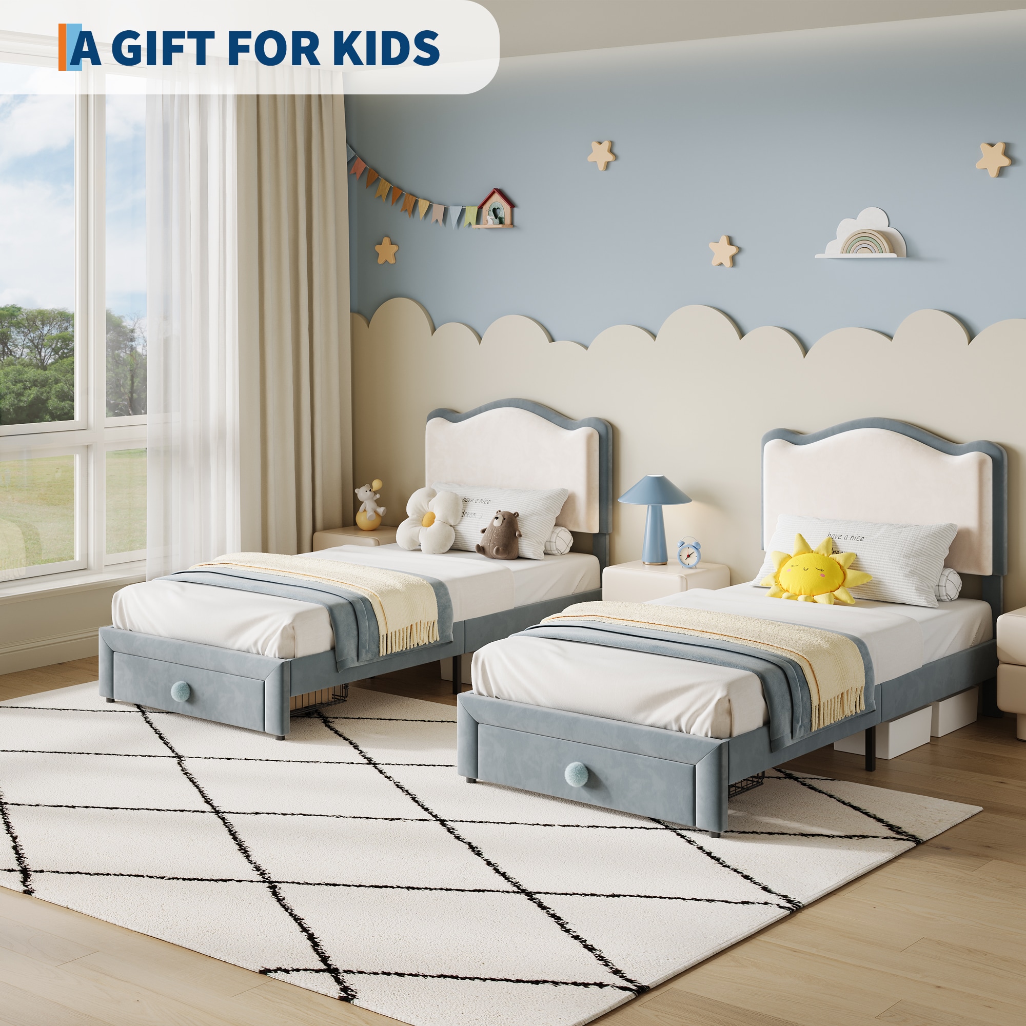 Assile Twin Blue White Upholstered Kids Bed Frame with Storage ...