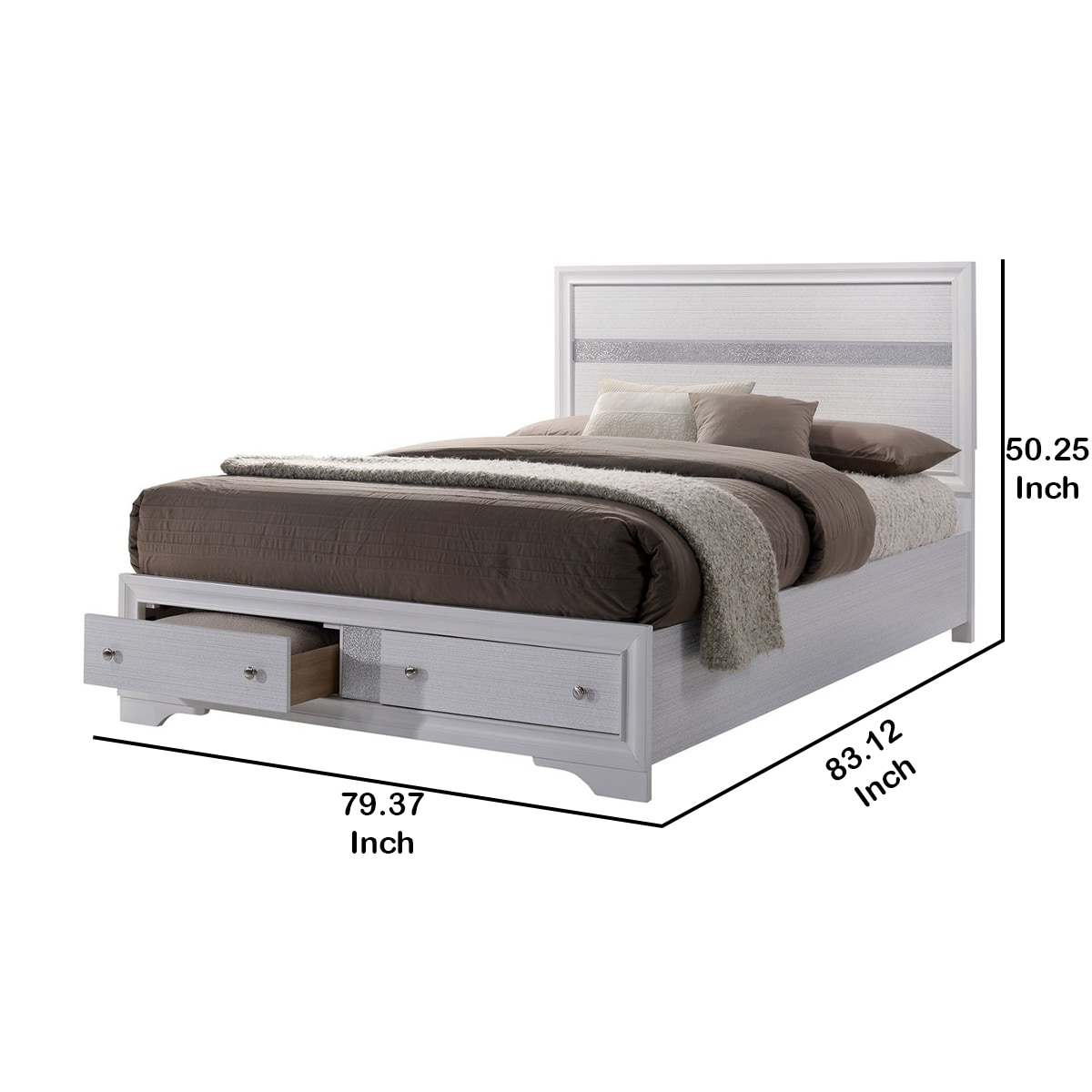 Benzara White Wood Frame King Size Panel Bed with Silver Accents and ...