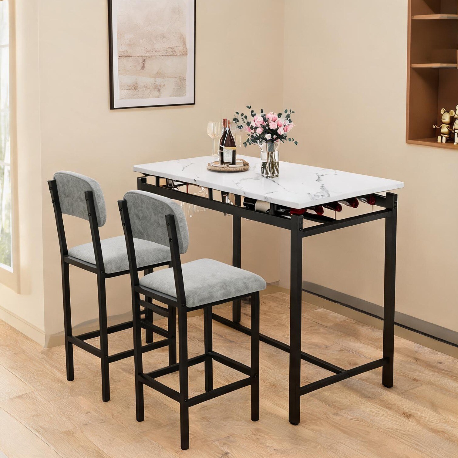 Watnature 2-Person Round Pub Table Set Modern MDF with Imitation Marble ...