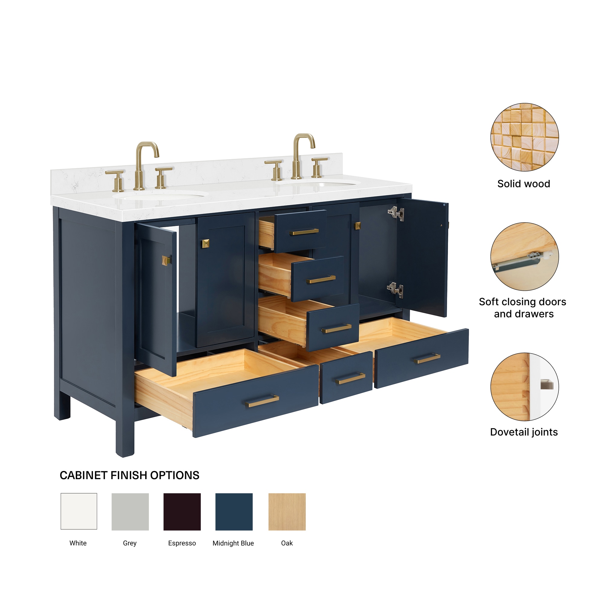 ARIEL Cambridge 60-in Midnight Blue Undermount Double Sink Bathroom ...