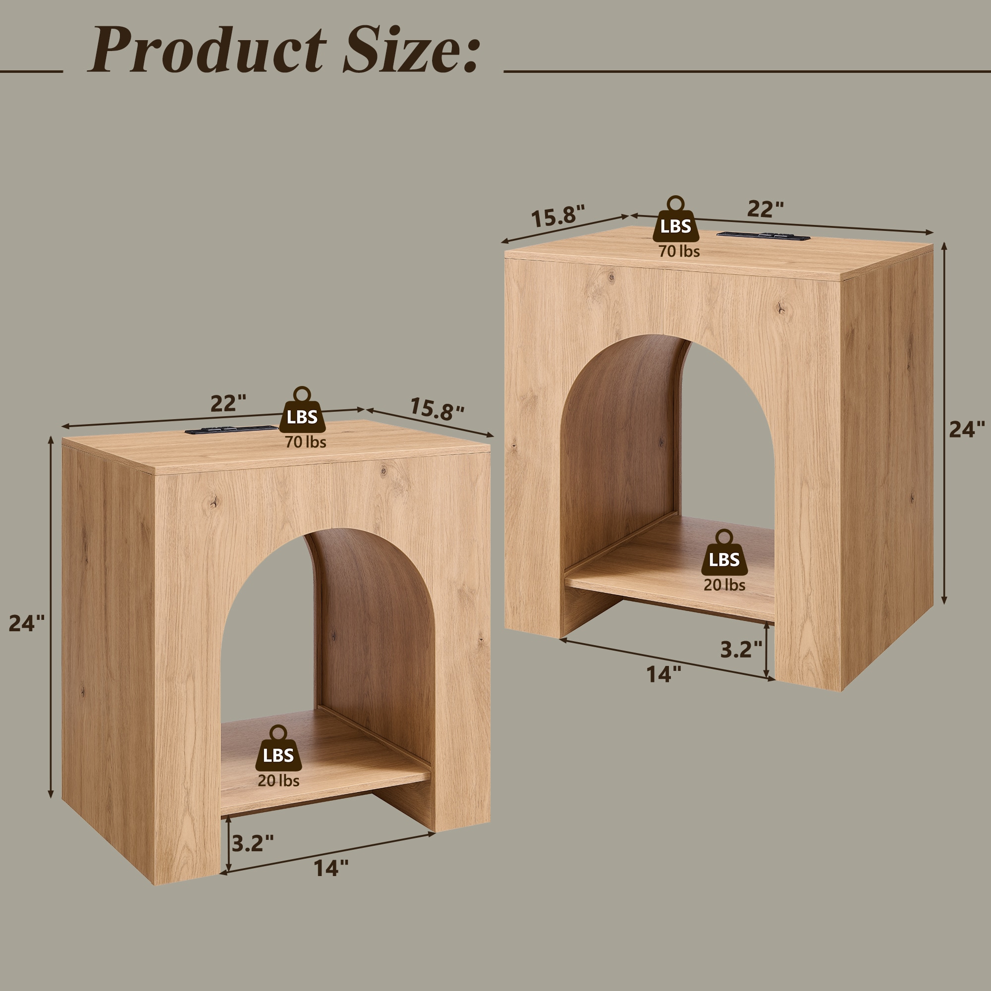 DecorUHome Arched Nightstand Table with Charging Station for Bedroom 24 ...