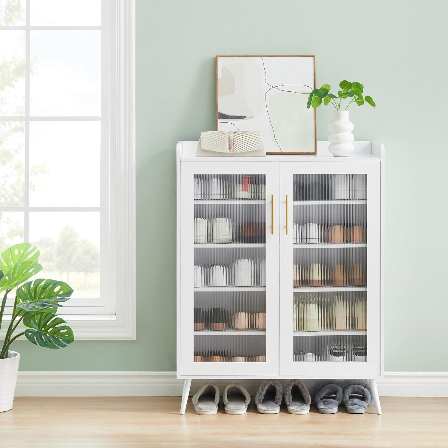 Qeetex Shoe Cabinet with Glass Doors 5 Tier Entryway Shoe Organizer ...