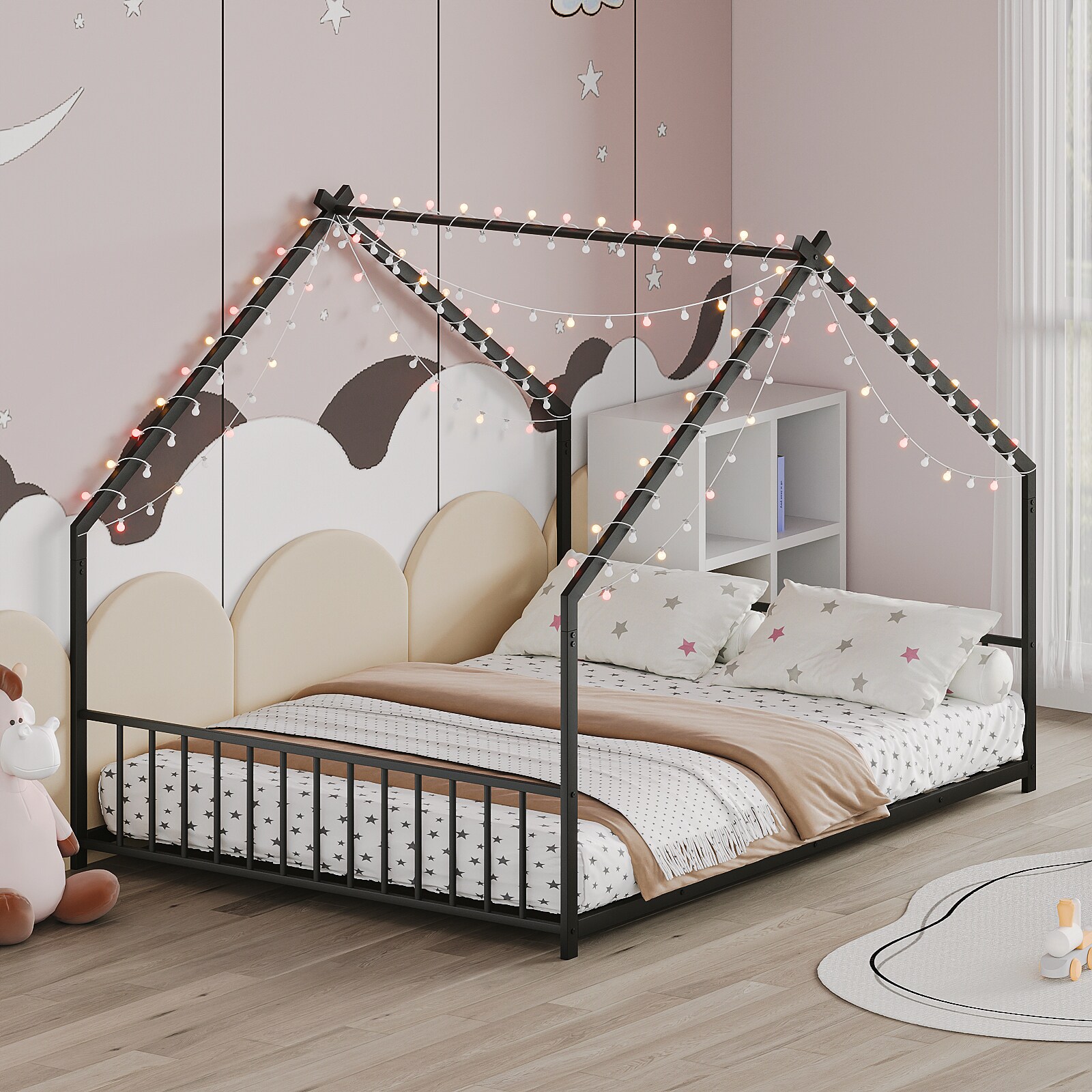 GDFStudio Modern Full Size Metal Roof Shaped Childrens Bed Frame with ...