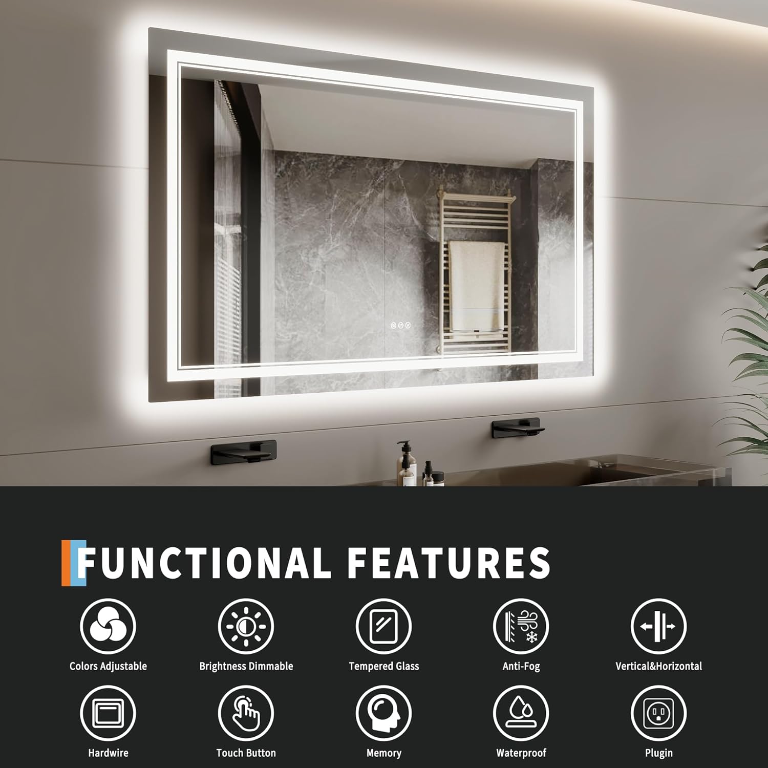 Garvee LED Bathroom Mirror - 36x48 inch LED Mirrors with Lights (Front ...