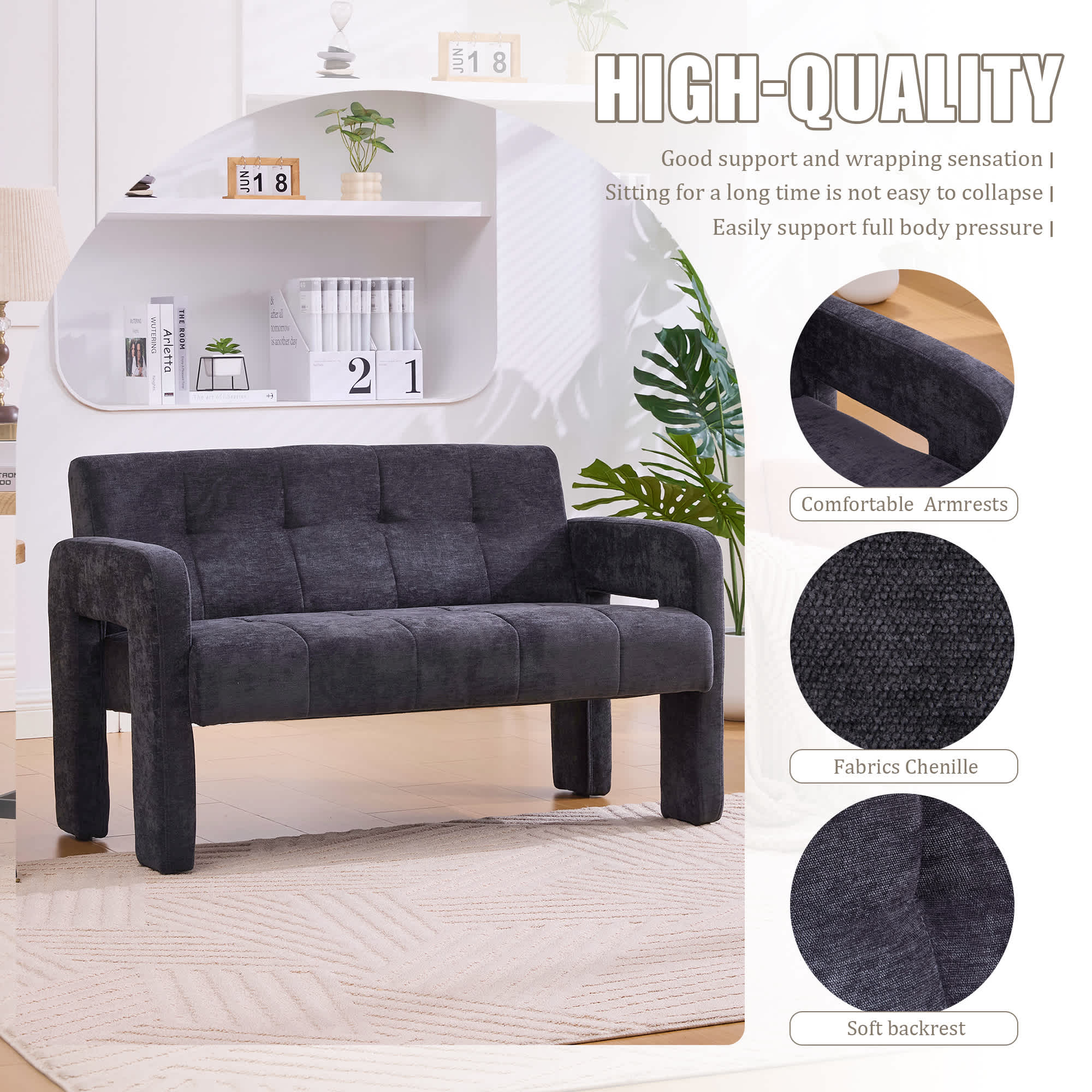 Vynxaria Modern 2 Seater Compact Sofa Chenille Upholstered Dual ...