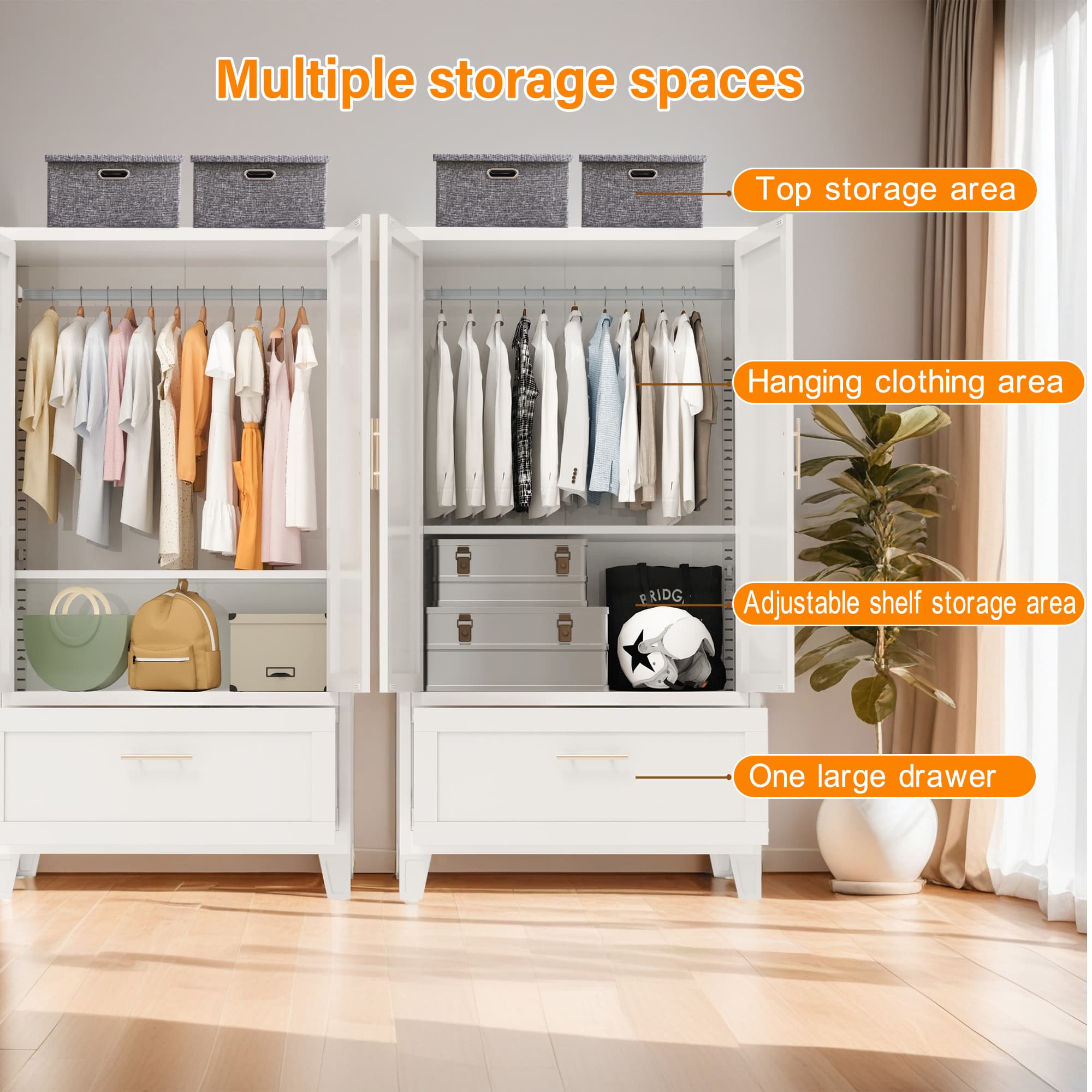VERYKE 60 Inch Tall Metal 2 Doors Wardrobe Cabinet with 1 Drawer and ...
