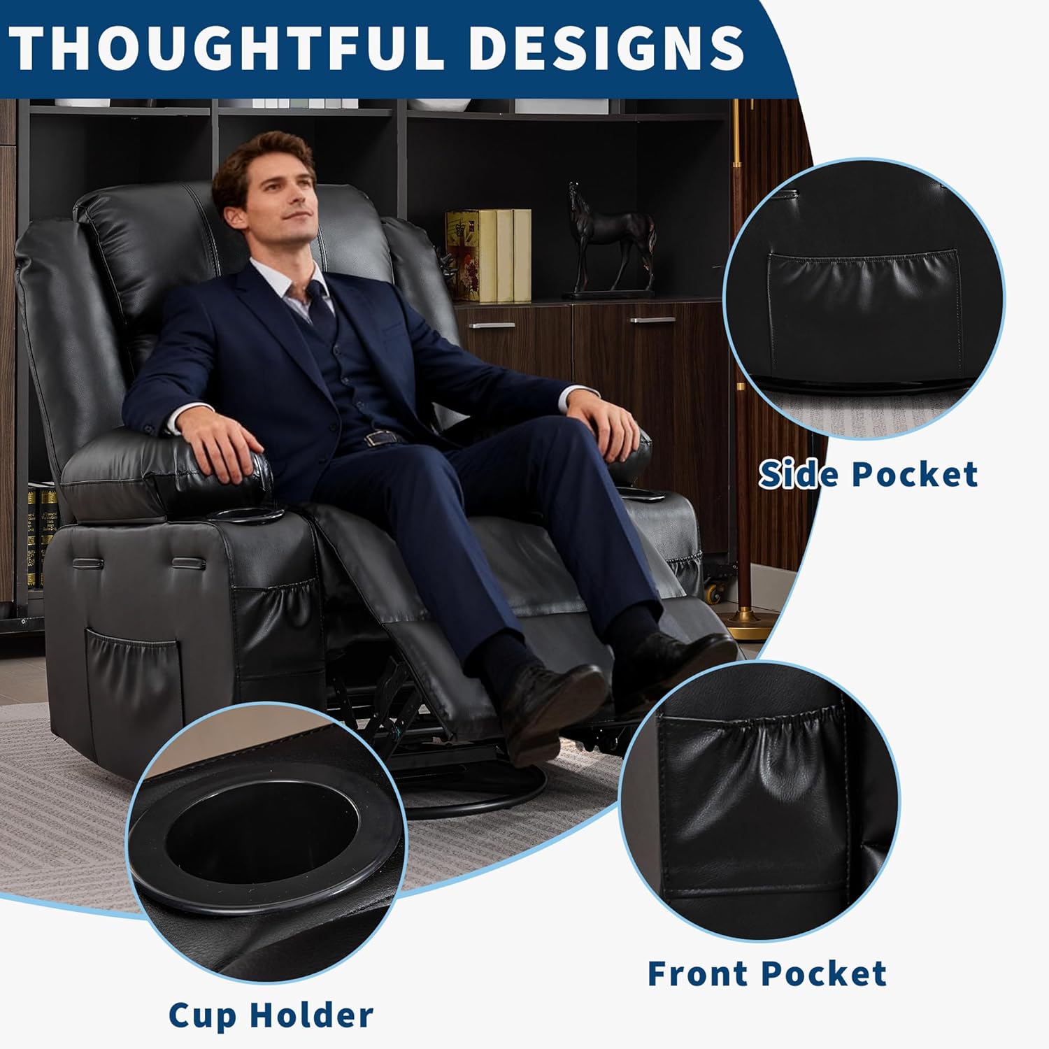 GarveeLife 360 Swivel Rocker Leather Recliner Chair for Adults Rocking ...