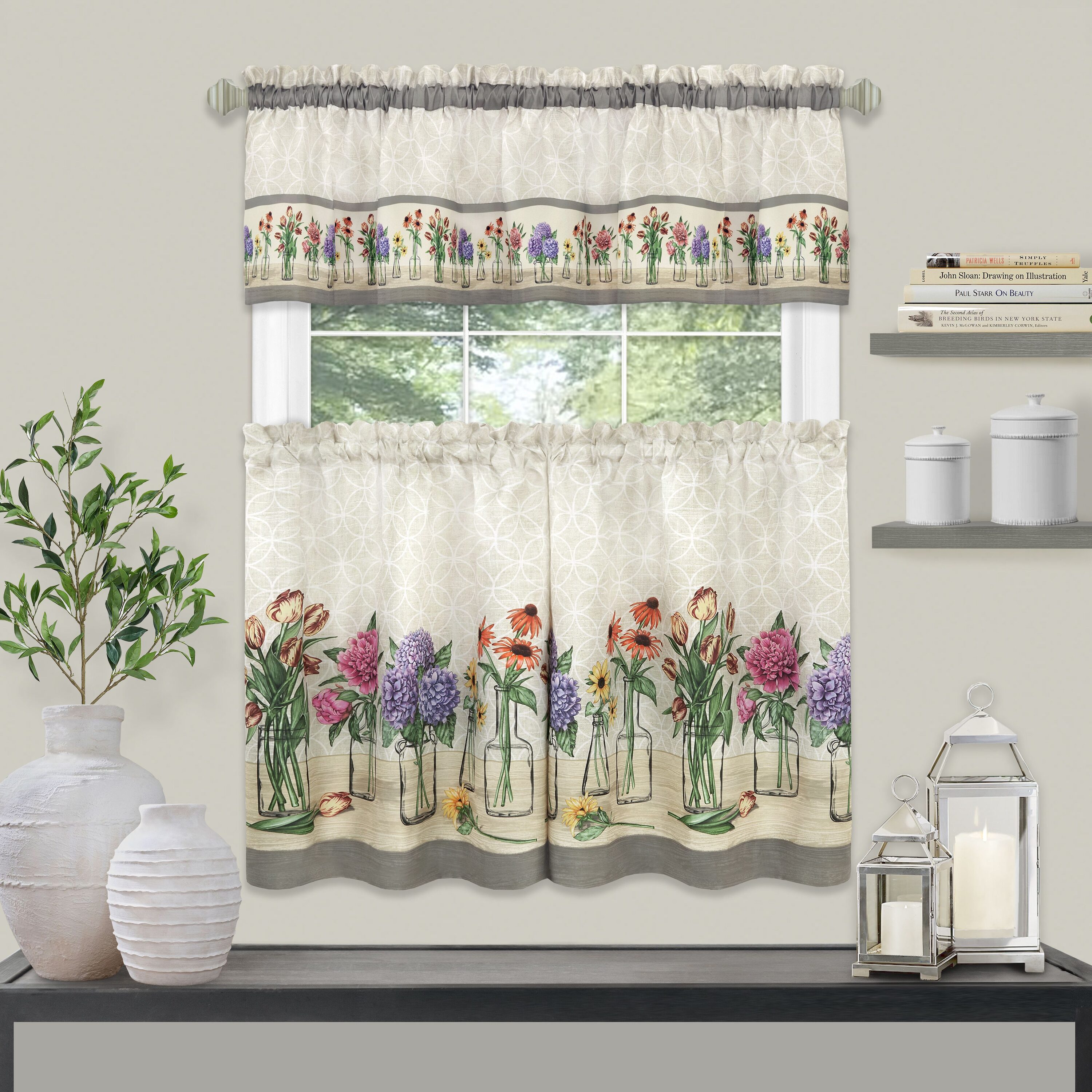 KATE AURORA 3 Piece Gardenia Florals Rod Pocket Kitchen Curtain Tier ...