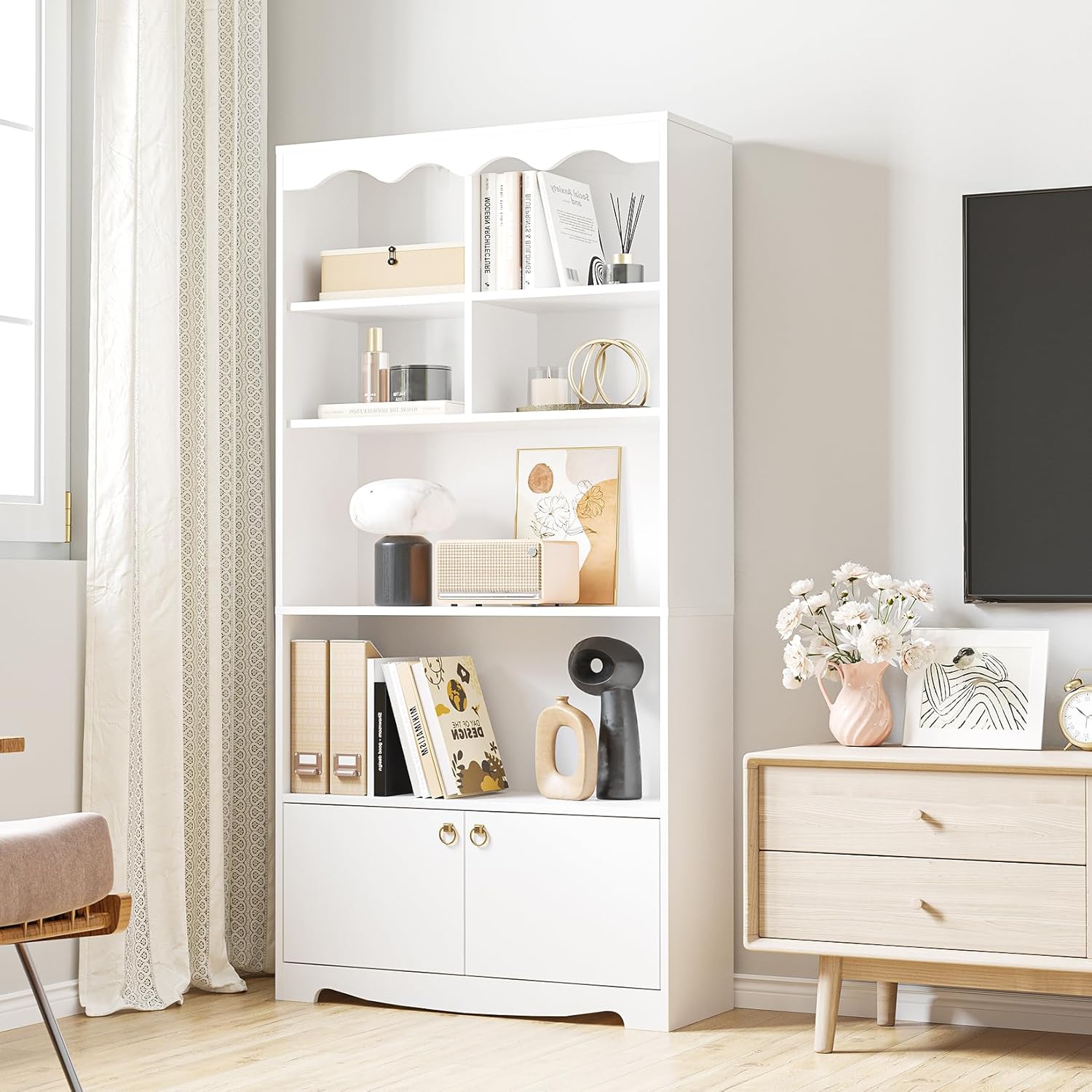 GAOMON 63 inch tall white bookcase 5 tier with doors and open shelves ...