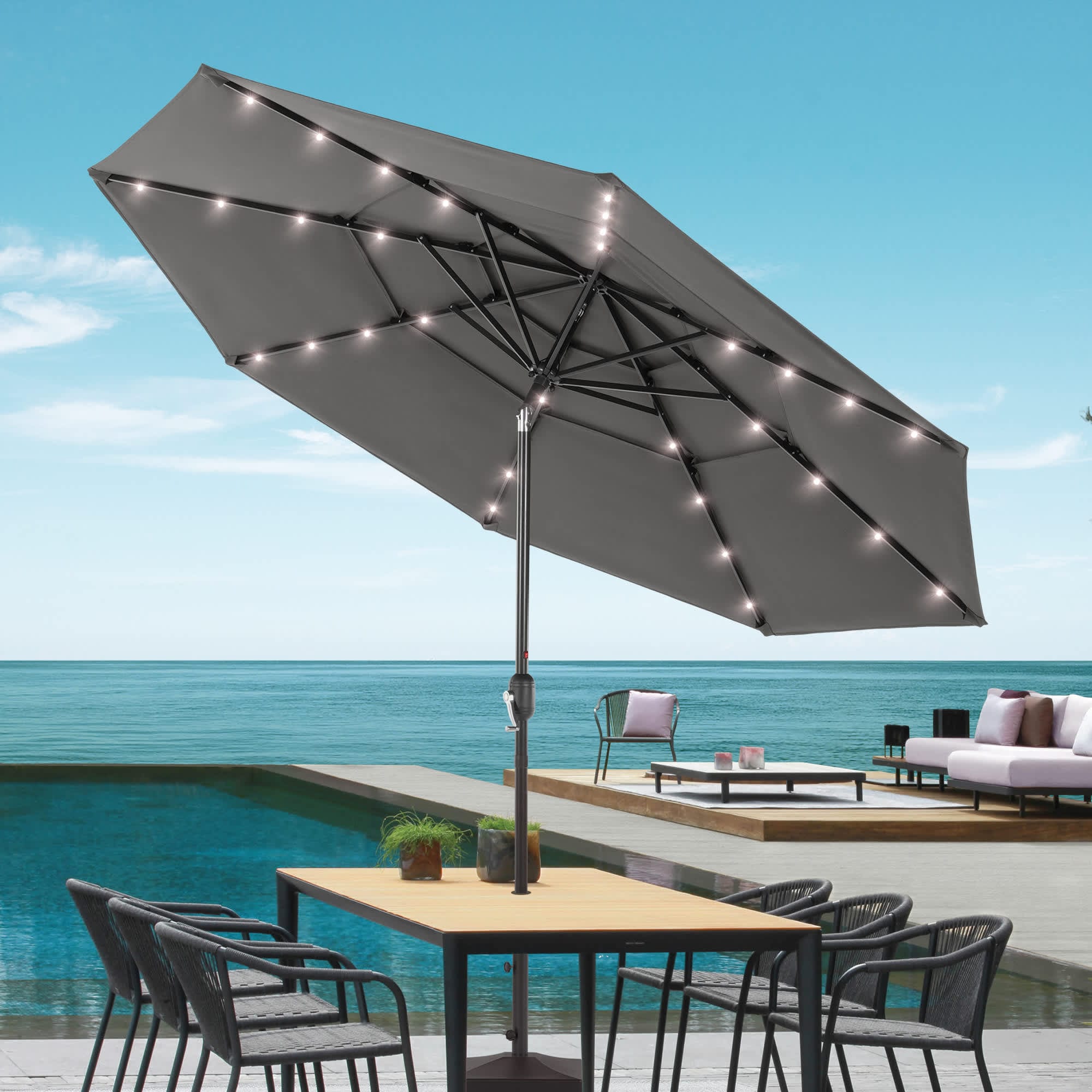 Aok Garden 10FT LED 3 layers Patio Umbrella with UV Protection Easy ...