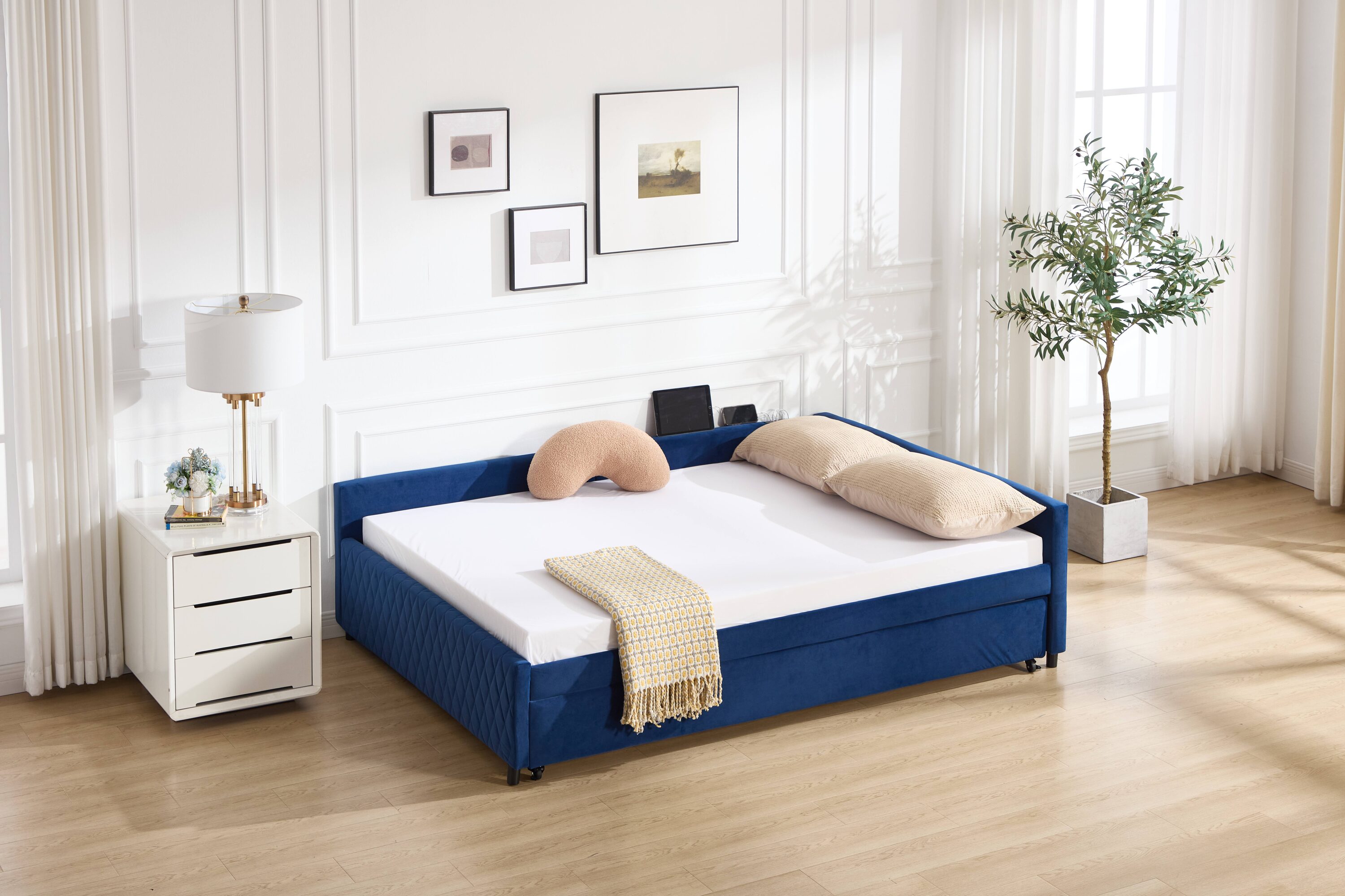 Vynxaria Navy Velvet MDF Frame Twin Platform Bed with Trundle Diamond ...