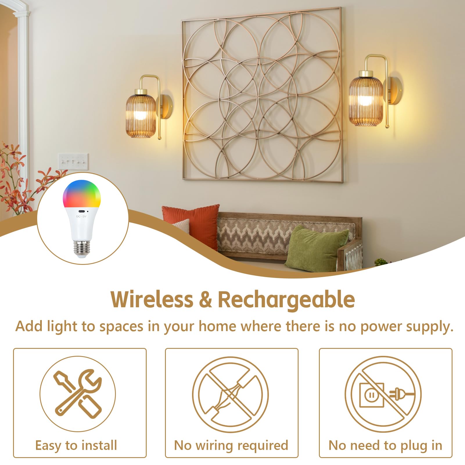 Oyezvary Vintage Gold Wireless Wall Sconces Set of 2 Rechargeable ...